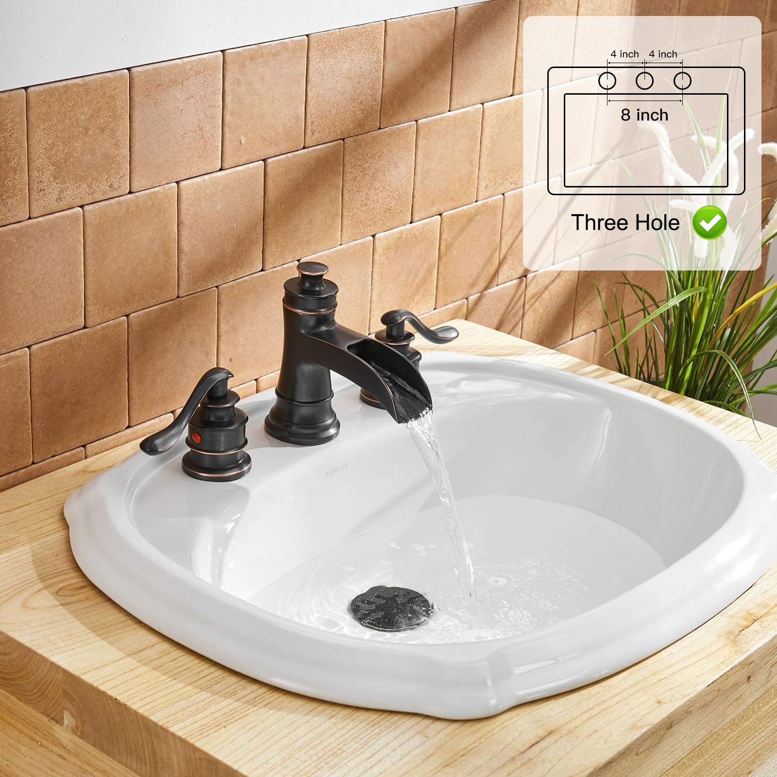 BWE 3 Hole Widespread Bathroom Faucet 8β Oil Rubbed Bronze Farmhouse Waterfall Pop Up Drain Stopper Assembly with Overflow and Supply Line Lead-Free Two Handle Bath Lavatory Sink ORB Mixer Tap