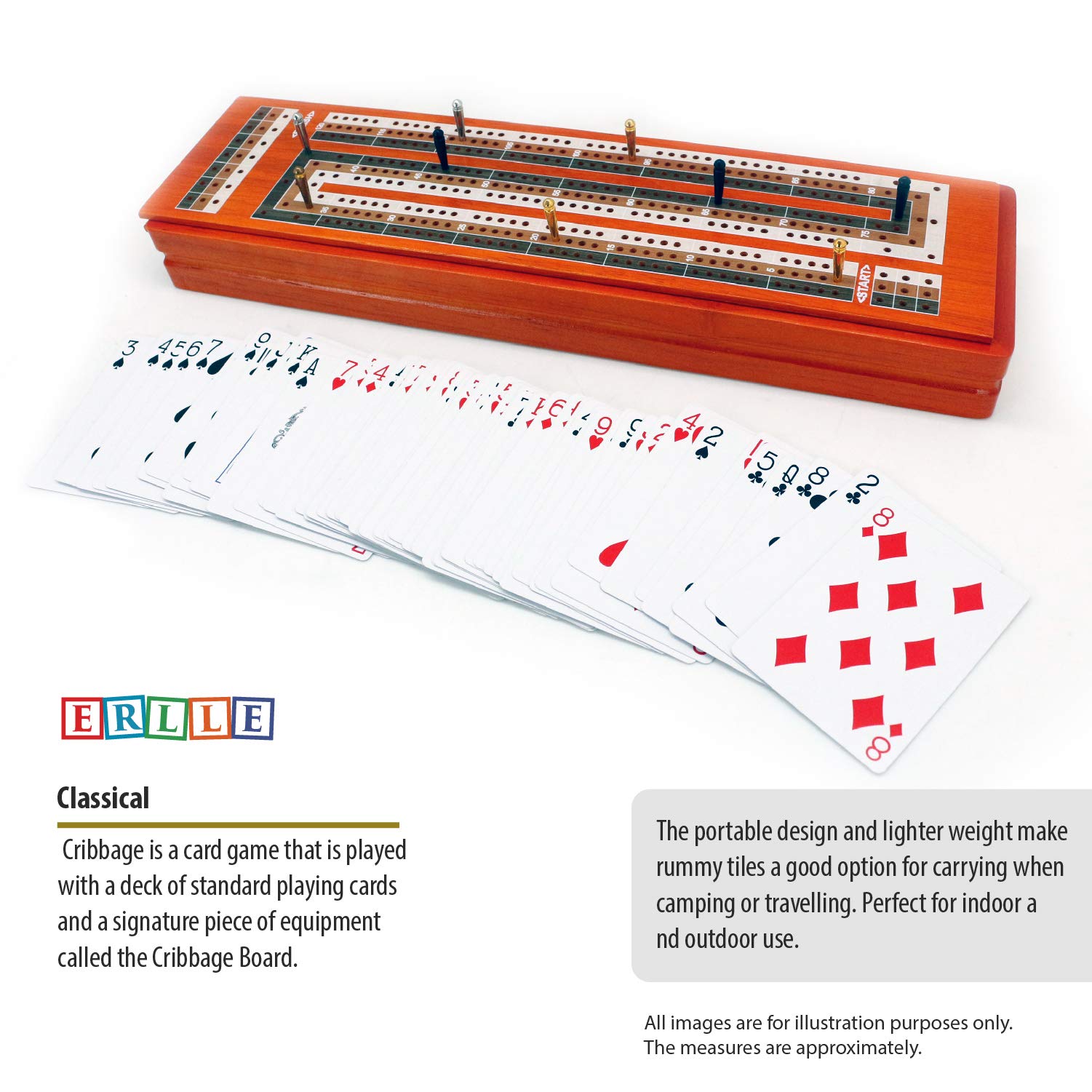 CRIBBAGE BOARD GAME SET. UNIQUE LARGE WOODEN CONTINUOUS 3 TRACK BOARD WITH LARGER STORAGE AREA, 9 METAL PEGS AND 2 DECKS OF PLAYING CARDS. TRAVEL PORTABLE CRIBBAGE PERSONALIZED BOARDS CARD GAME SETS