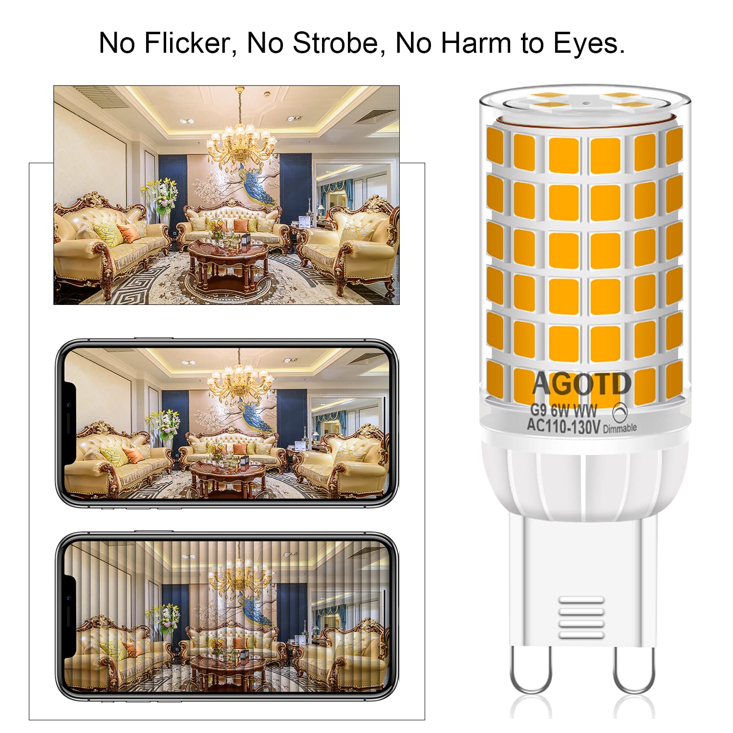 AGOTD G9 LED Bulb 6W, Dimmable Soft Warm White 2700K, 658LM LED Light Bulb, T4 40W 50W 60W Halogen Replacement G9 Bi Pin Base, No-Flicker, Chandelier Lighting, 5 Pack