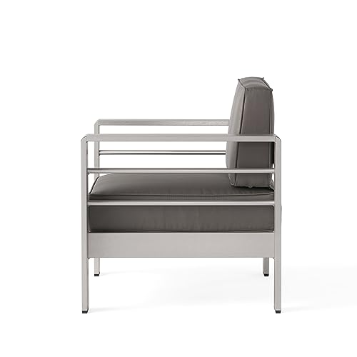 Christopher Knight Home Cape Coral Outdoor Aluminum Club Chairs with Side Table, Khaki / Silver