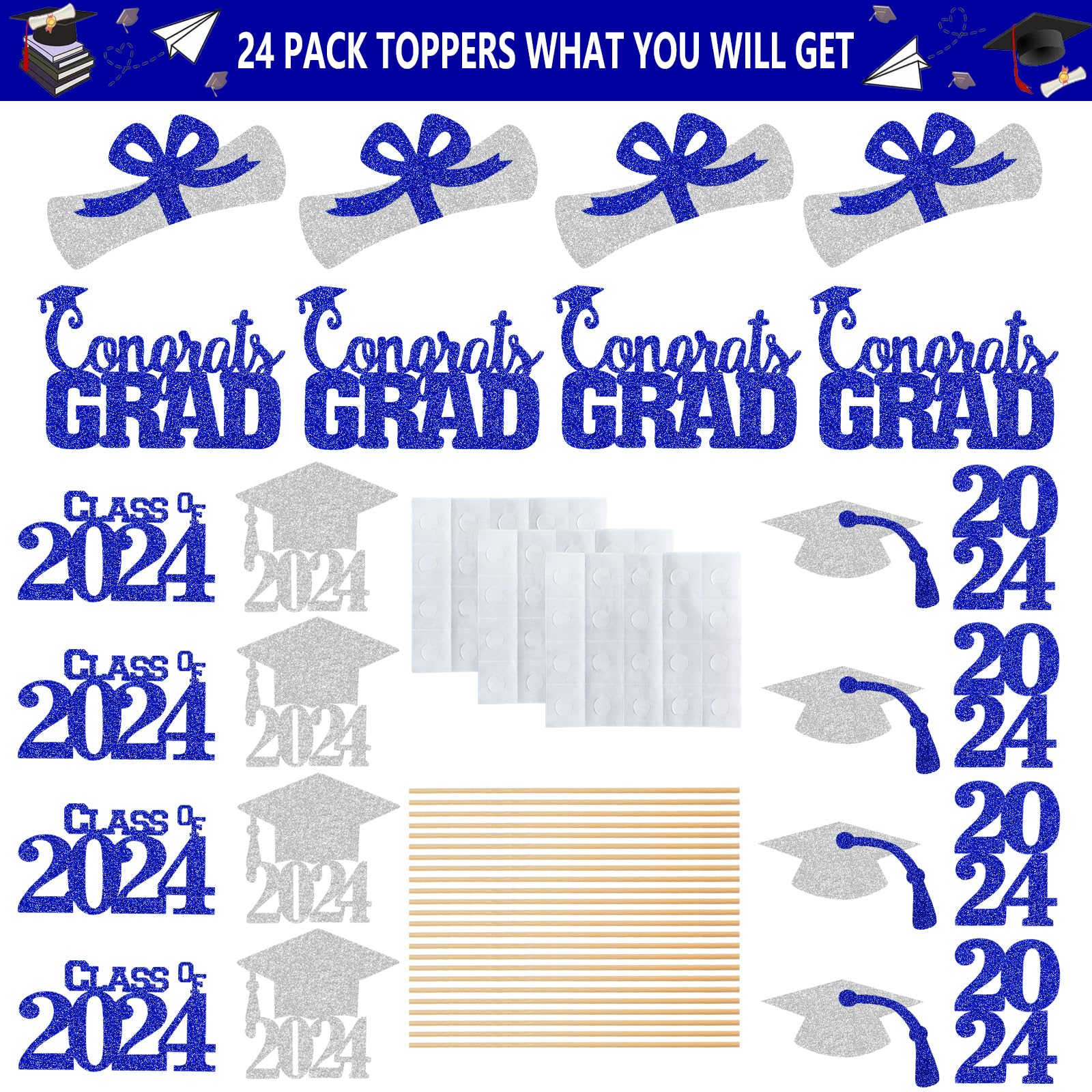 Blue and Silver 2024 Graduation Centerpiece Sticks Graduation Party Centerpieces for Tables 2024, Graduation Table Toppers 2024 Blue Class of 2024 Graduation Table Centerpieces Decorations - 24Pcs