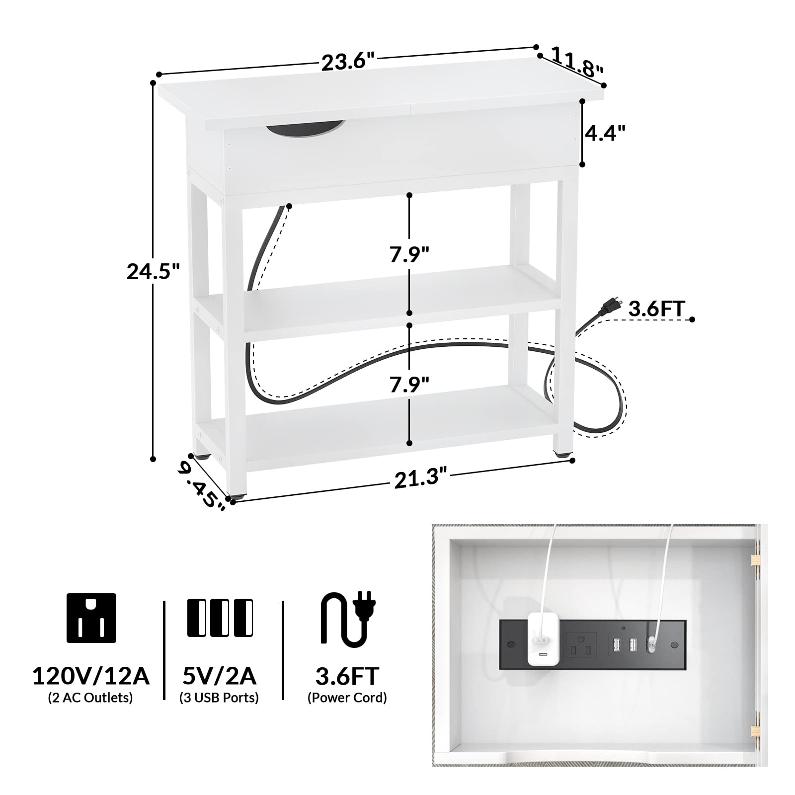 Aheaplus Sofa Side Table with USB Ports and Outlets, Narrow End Table Set of 2 with Charging Station, Bedside Nightstand with Storage Shelves, Slim Side Table，White
