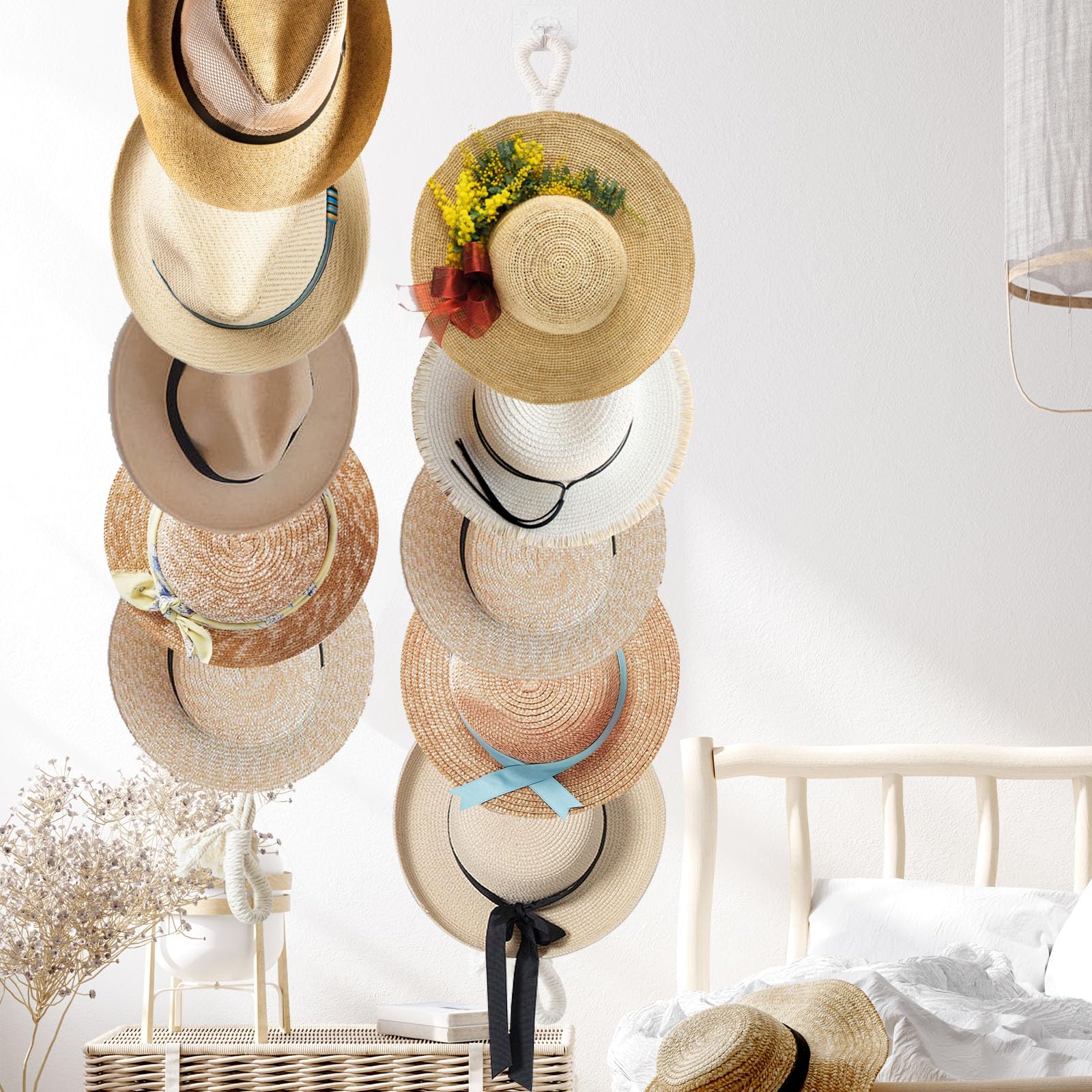 YedsIntu 2 Pcs Macrame Hat Hangers Hat Rack for Wall, Women Boho Hanging Hat Organizer Display Holder Storage for Wide Brimmed Fedora Sun Hats Cowboy
