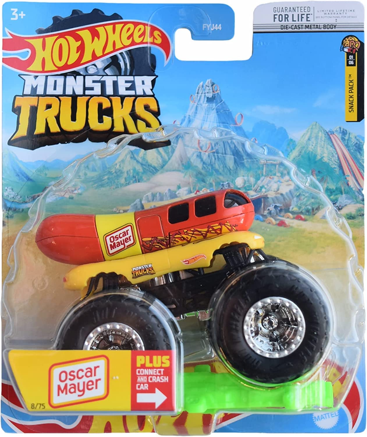 DieCast Hot Wheels Monster Trucks Oscar Mayer Hot Dog, 1:64 Scale Truck 8/75 Plus Connect and Crash car