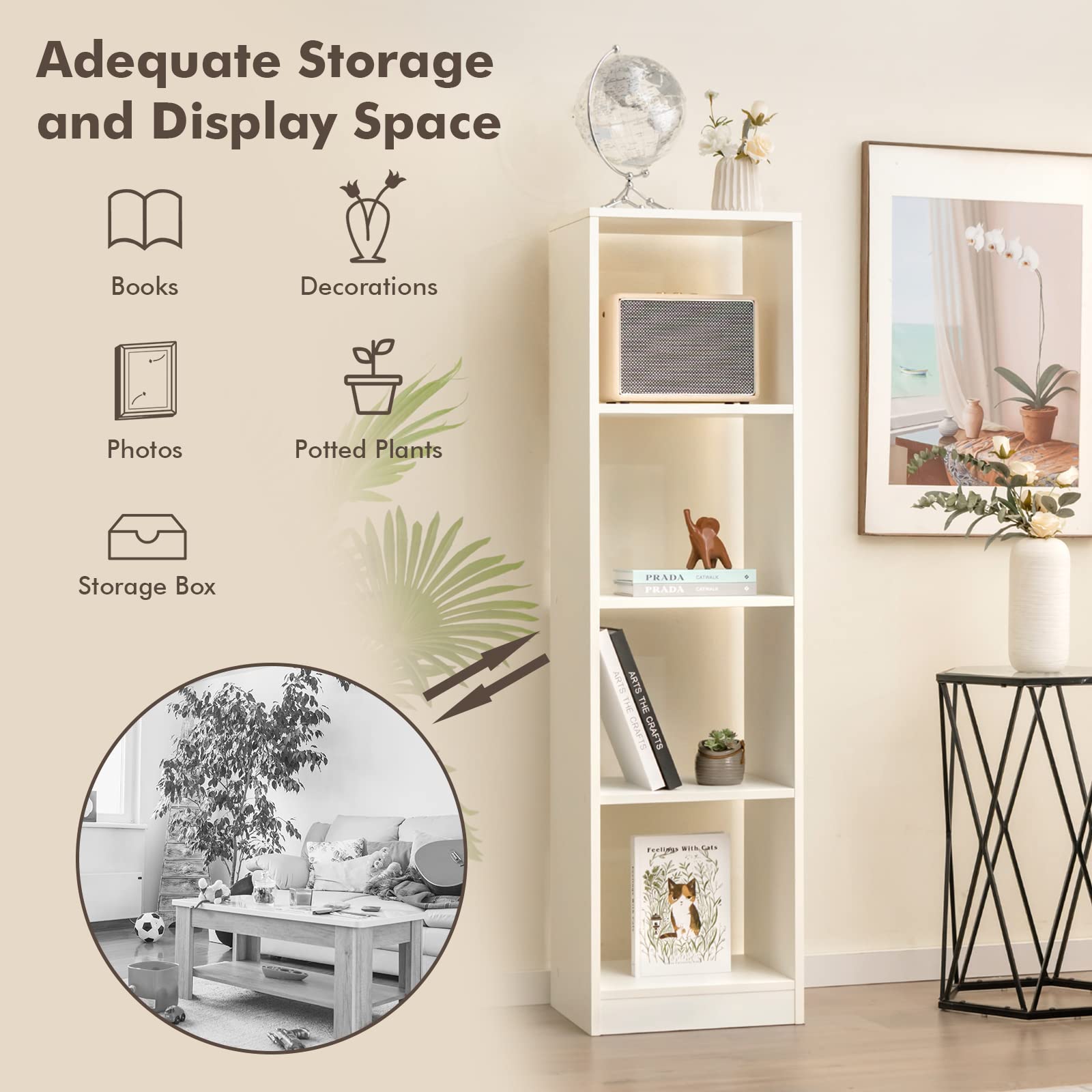 SILKYDRY 56” Tall White Bookshelf, 4 Cube Vertical Storage Organizer with Anti-Tip Kits, Freestanding 5-Tier Narrow Open Shelf Bookcase for Small Space, Bedroom, Study, Home Office (1)