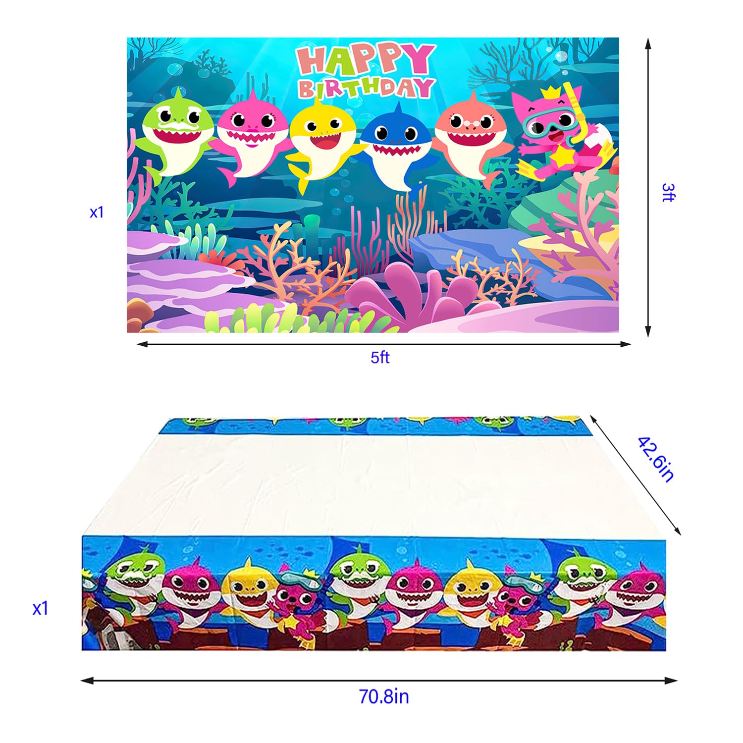 Blue Shark 2nd Birthday Party Supplies Decorations Include Backdrop, Banner, Balloons Arch, Tablecloth, Hat, Topper Cake, Shark Theme Shark Party Supplies