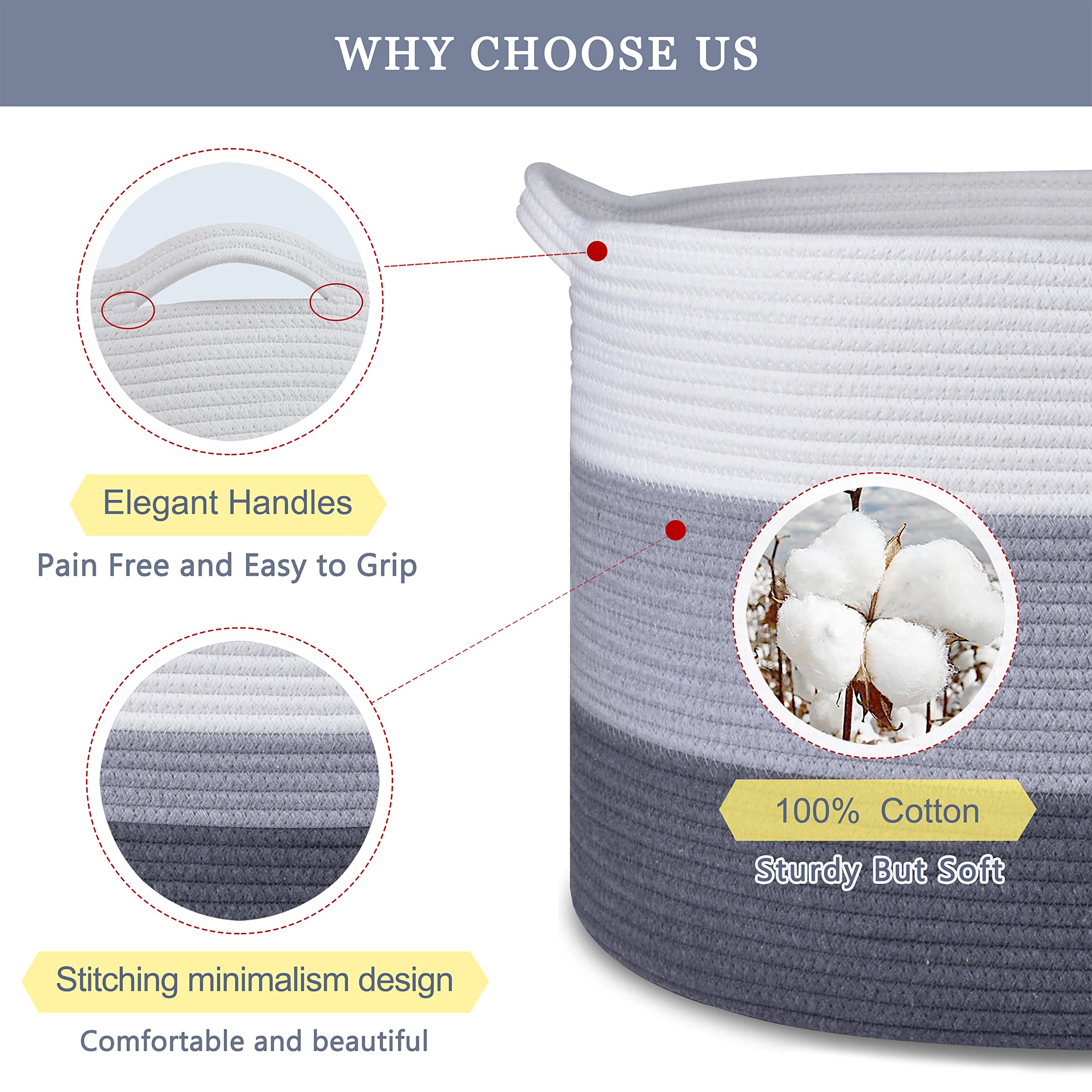 BOSROTY Extra Large Blanket Basket 87L, Laundry Hamper, Baby Nursery Hamper, Large Laundry Basket For Girls Boys, Cotton Rope Basket, Clothes Basket Laundry, 22βx 14β, White & Gray