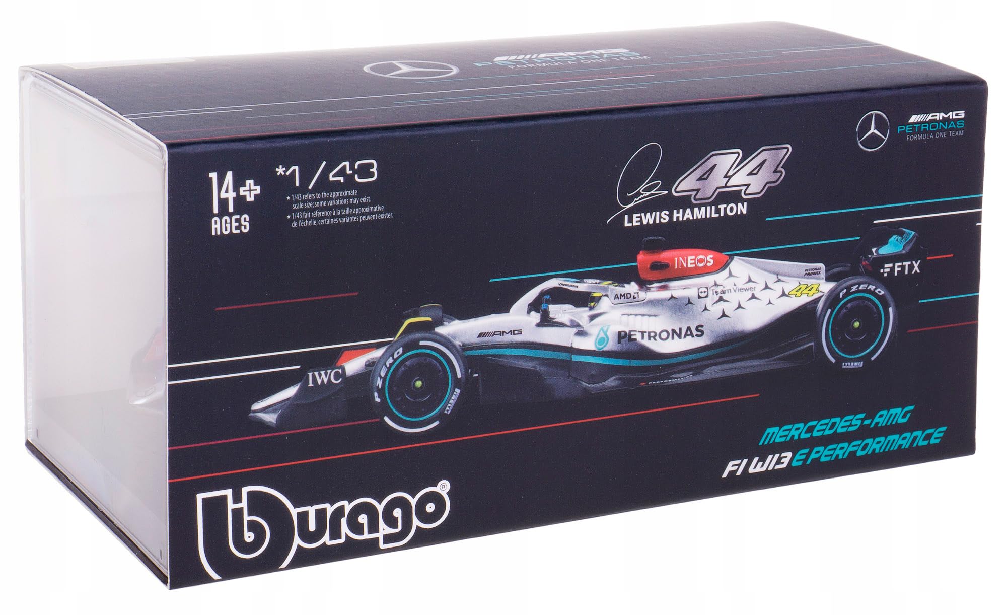 AMG F1 W13 E Performance #44 Lewis Hamilton F1 Formula One World Championship (2022) with Display Case 1/43 Diecast Model Car by Bburago 38066LH