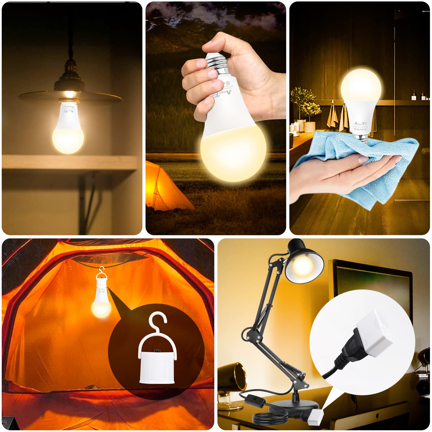 AmeriTop Rechargeable Emergency LED Light Bulb - 2 Pack A19 Battery LED Bulbs for Power Outage Camping Outdoor Activity Hurricane 850 Lm 9W 60W Equivalent E26 Base Lighting Bulb (3000K Warm White)
