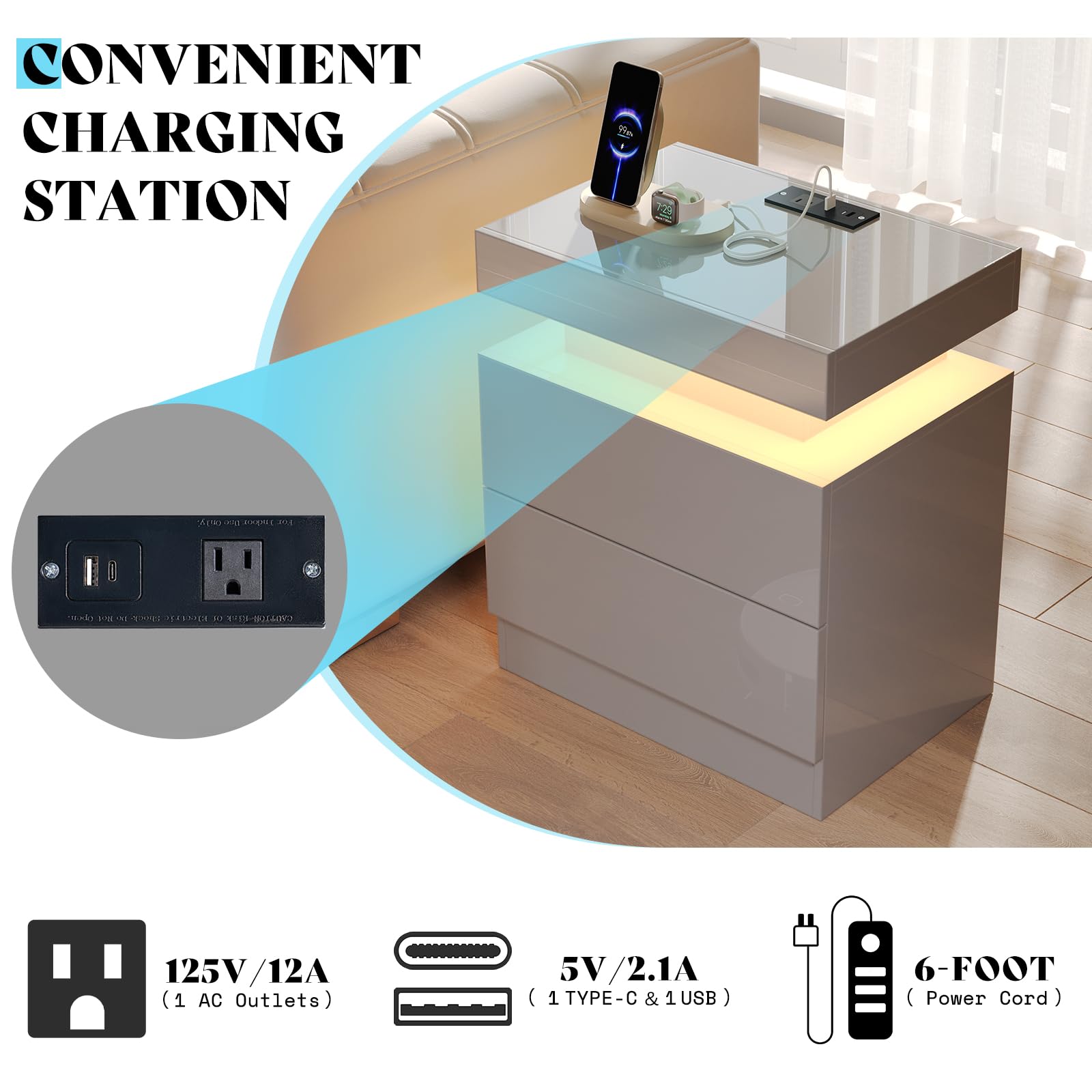 AMERLIFE 5 Piece Modern Living Room Table Set, Includes 70" Fireplace TV Stand, 2-Tier Coffee Table, 2 X Side Tables with Charging Station, LED Media Furniture, Grey