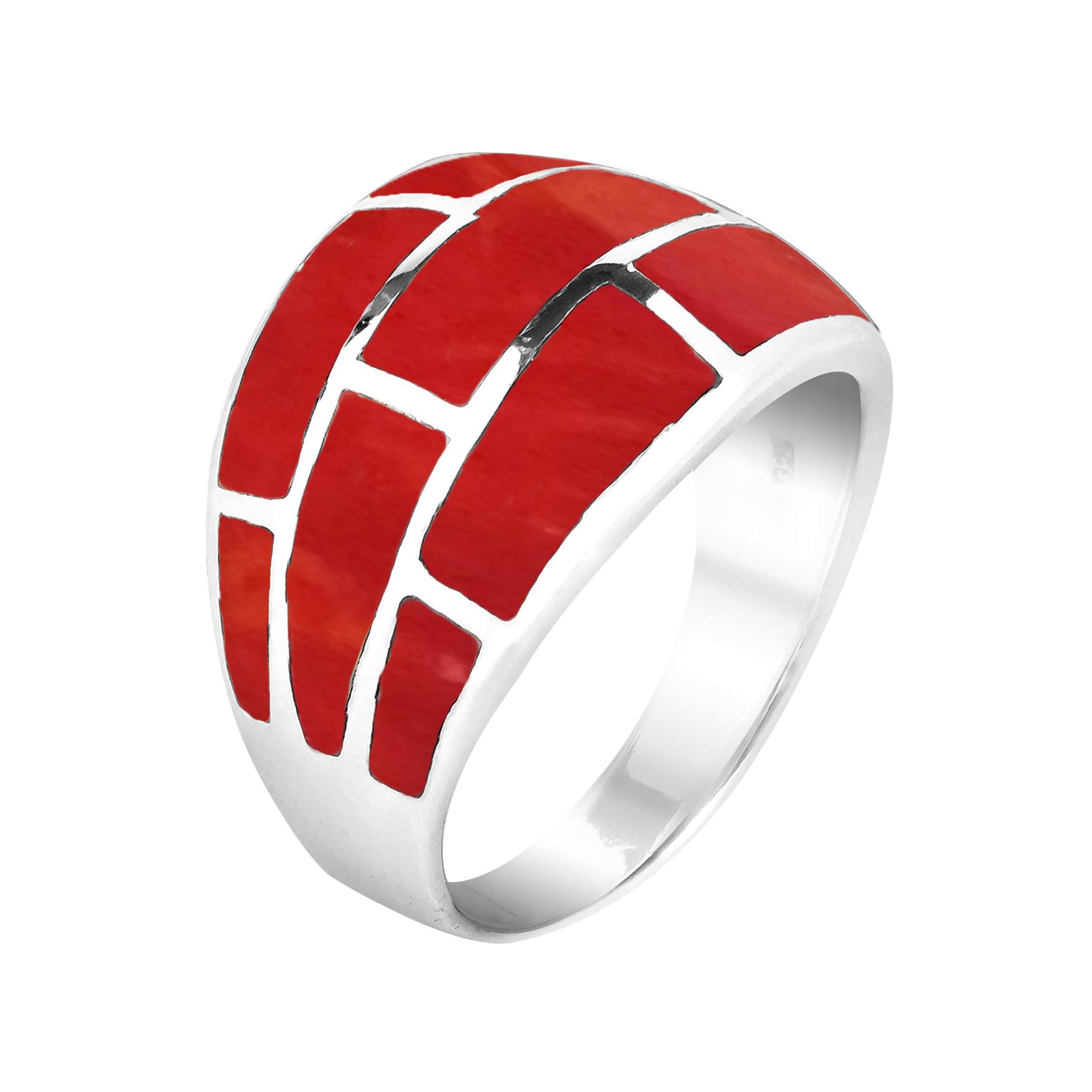 AeraVida Modern Brick Blocks Reconstructed Red Coral Sterling Silver Ring