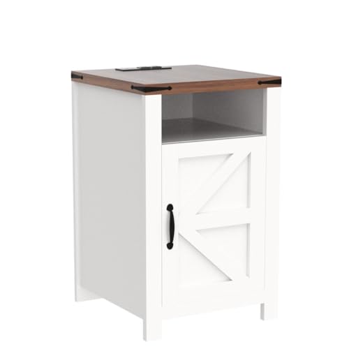 Breezestival Farmhouse Nightstand, End Table with USB and Socket, Wooden Side Table with Barn Door, Set of 2 with Storage Space, Suitable for Bedroom,Living Room, White