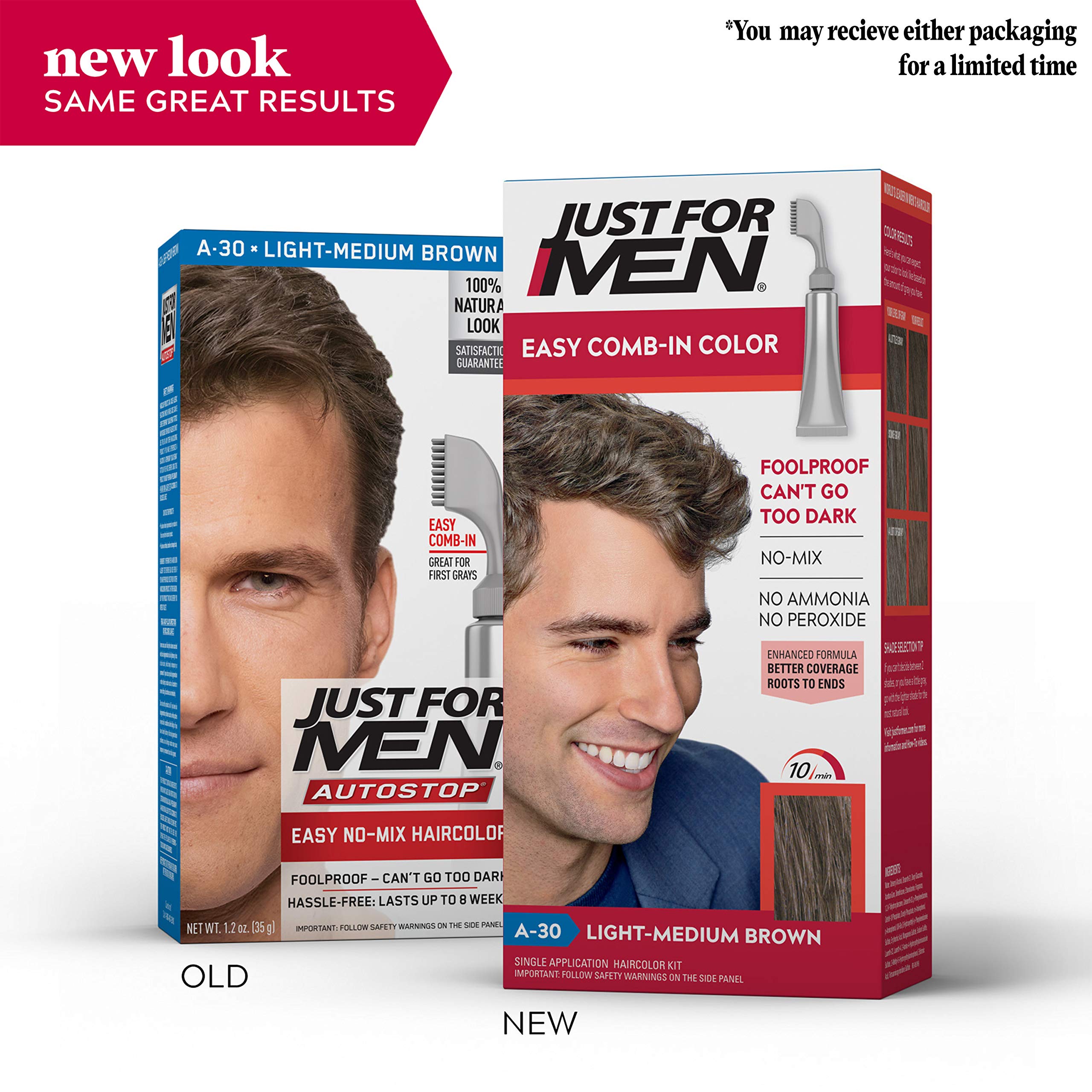 Just For Men Easy Comb-In Color Mens Hair Dye, Easy No Mix Application with Comb Applicator - Light-Medium Brown, A-30, Pack of 1