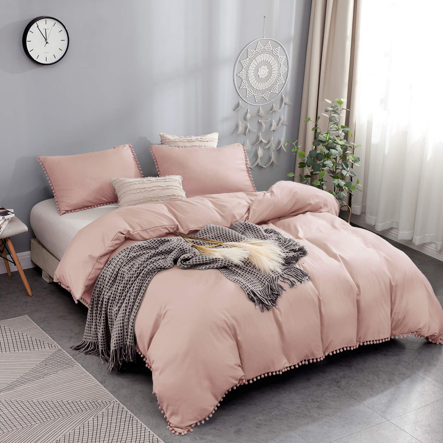 Bowavat Pom Pom Fringe Duvet Cover Twin Size,100% Washed Microfiber 3 Pieces Pink Mocha Duvet Cover Set, Soft and Durable with Zipper Closure and Corner Ties (Twin, Pink Mocha)
