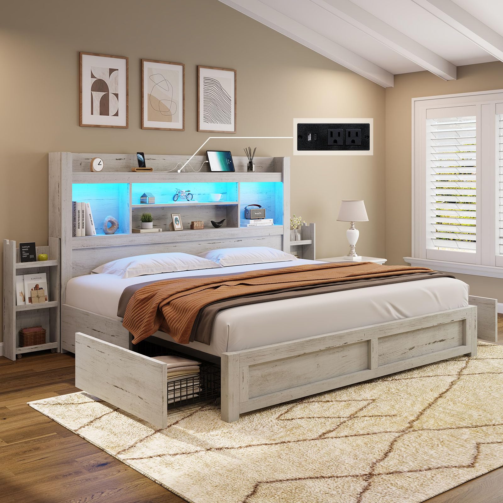 AMERLIFE King Size Bed Frame with 4 Storage Drawers, LED Bed Frame with 49.6" Tall Bookcase Headboard, Wood Platform Bed with Charging Station & 2 Slide Bedside Shelf, No Box Spring Needed/Black