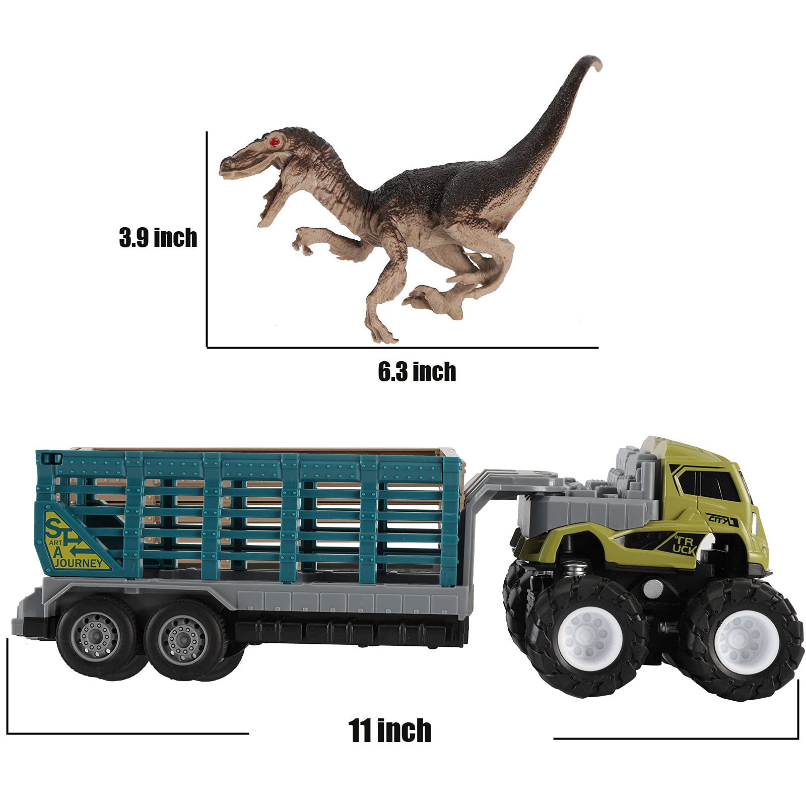 Dinosaur Transport Truck 9.8 inch Metal Trailer Belt 6.7 inch Velociraptor for 3 4 5 6 7 Year Old boy Toy