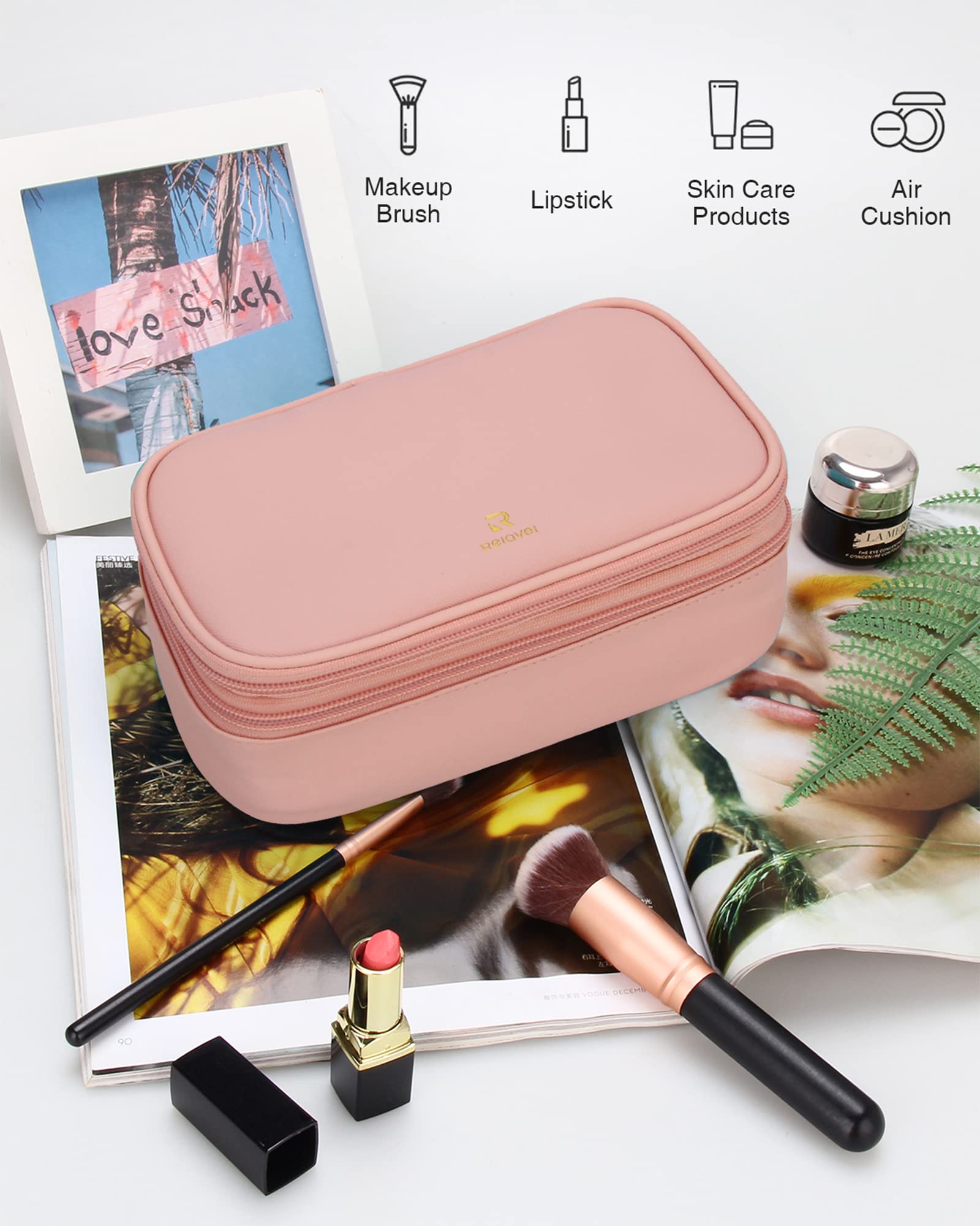Relavel Makeup Bag, Small Travel Cosmetic Bag for Women, Portable 2 Layer Makeup Brushes Holder Bag, Toiletry Bag, Compact Cosmetic Case Organizer for Christmas, Pink