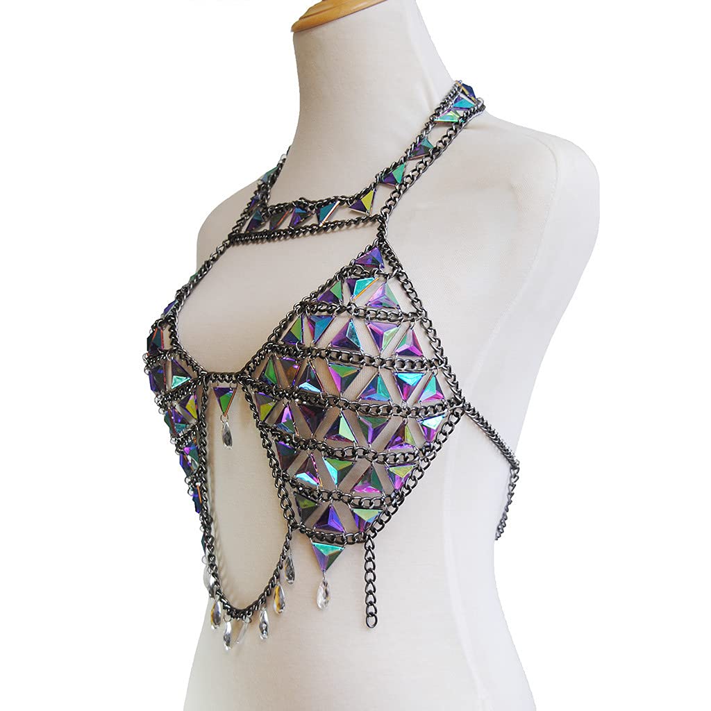 Aiosy Boho Body Chain Bra Silver Sexy Rhinestone Bikini Bra Body Halter Backless Sequins Chain Bra Beach Body Accessories Jewelry for Women (Top)