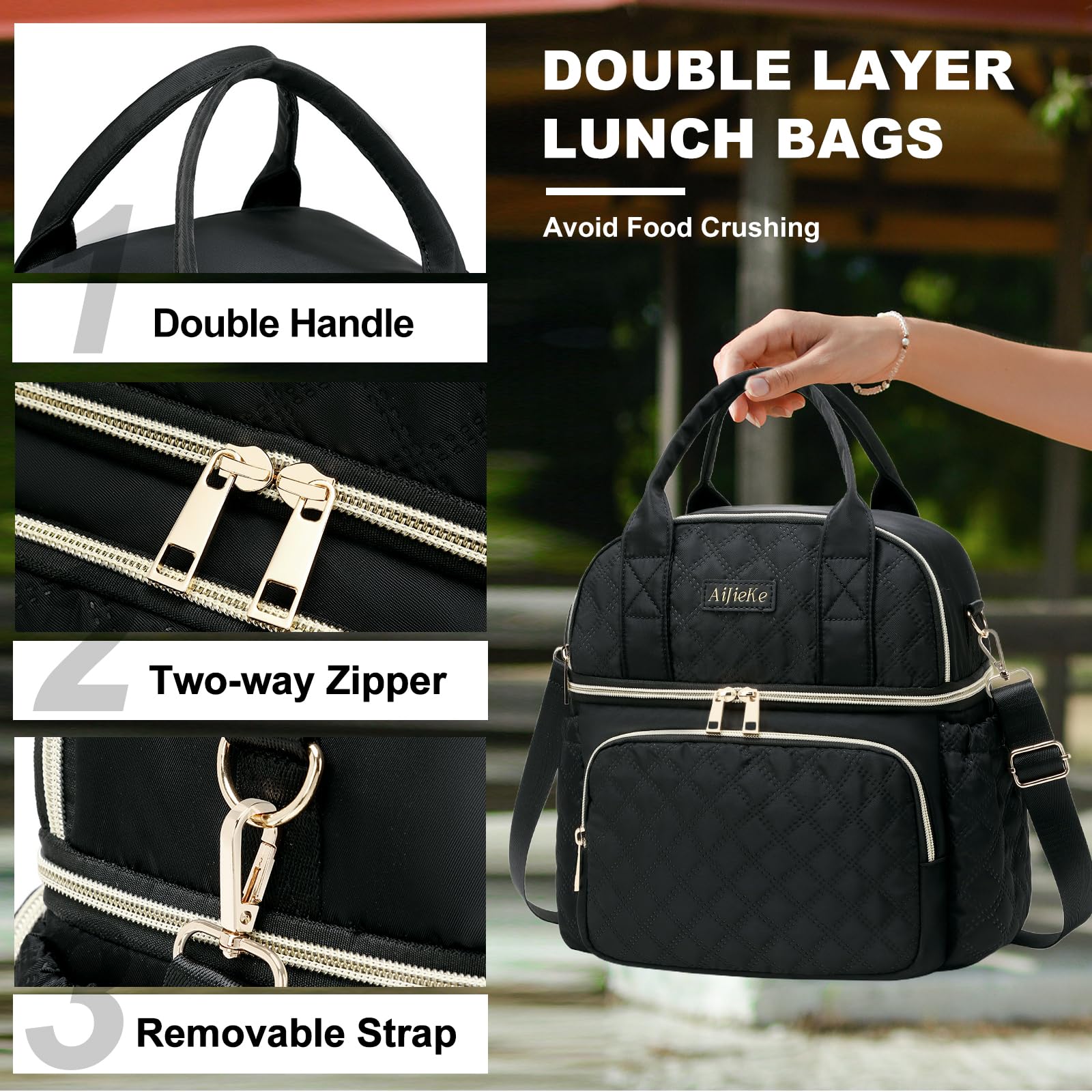 AIJIEKE Lunch Bag for Men Women, Dual Compartment Lunch Box Insulated Lunch Bags, Large Adult Double Deck Leak Proof Lunch Tote Cooler with Adjustable Shoulder Strap for Work Picnic Beach, Black