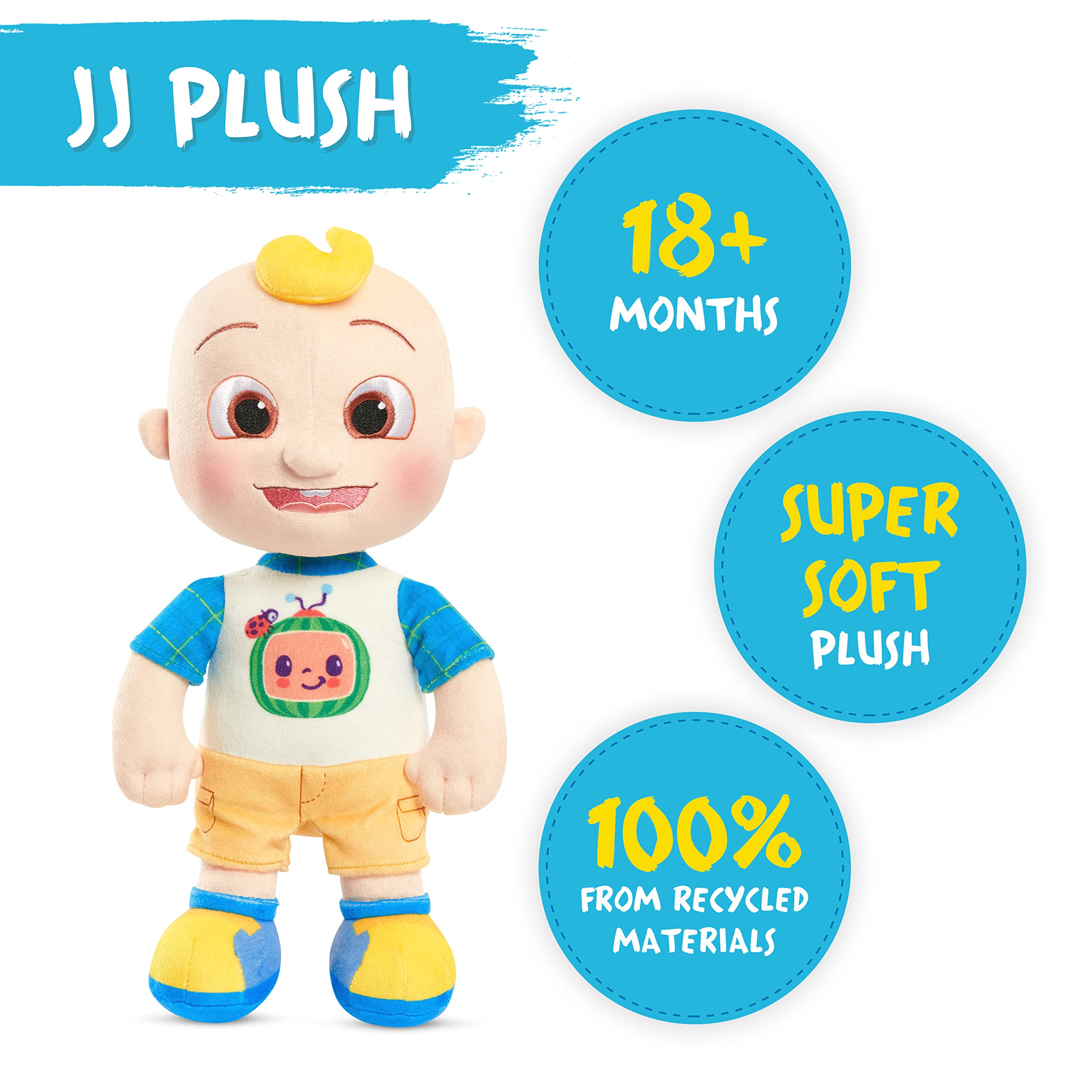 Just Play Cocomelon 100% Recycled Materials 13-inch JJ Plush Stuffed Doll, Super-Soft and Huggable, Kids Toys for Ages 18 Month
