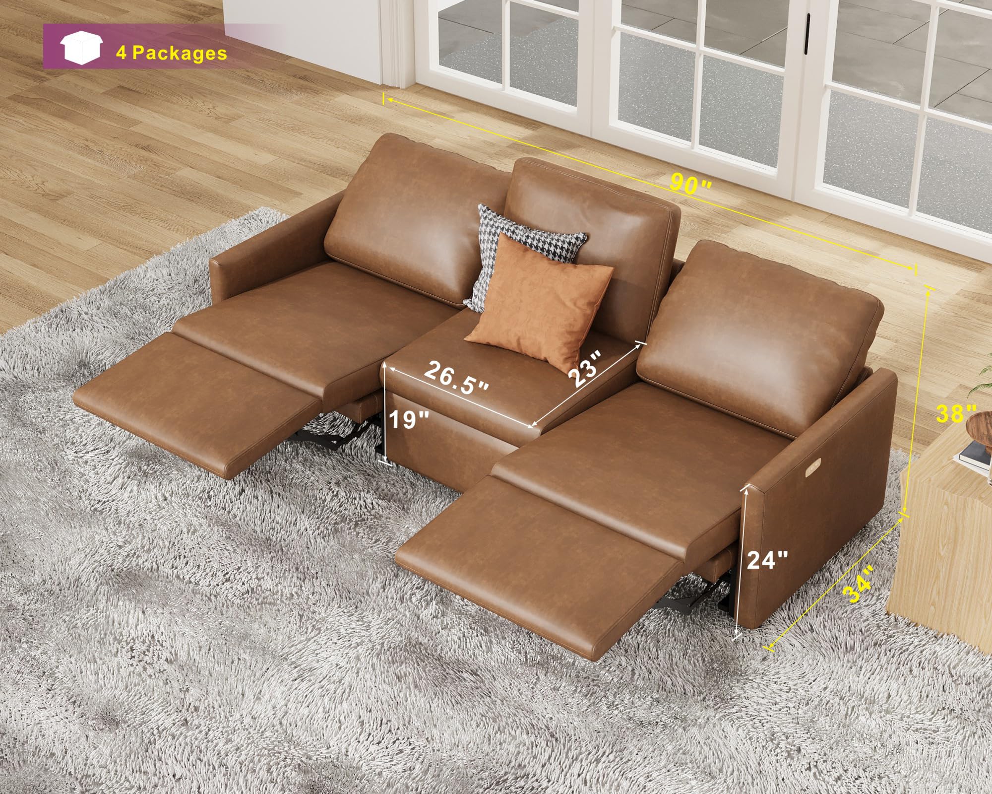 AMERLIFE Power Recliner, Reclining Sectional Couch with Dual Recliner, 3 Seater Recliner Couch with Charging Socket, Leather Modular Couch for Living Room