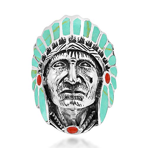 AeraVida Simulated Green Turquoise & Reconstructed Red Coral Accented Native American Style .925 Sterling Silver Ring