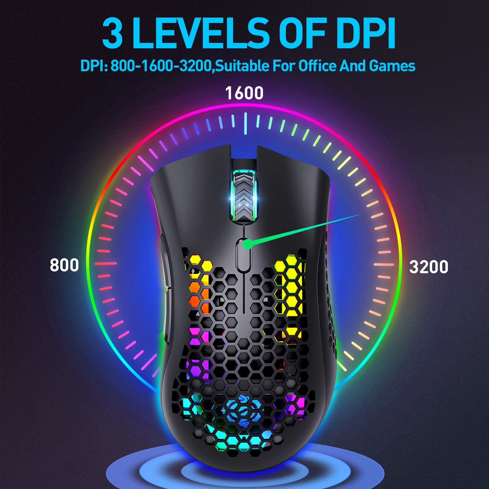 aipasi tech Wireless Lightweight Gaming Mouse, 2.4G Wireless Rechargeable Computer Mouse with Honeycomb Shell, USB Receiver, Adjustable DPI, Ergonomic RGB Gamer Mice for PC Mac Gamer(Black)