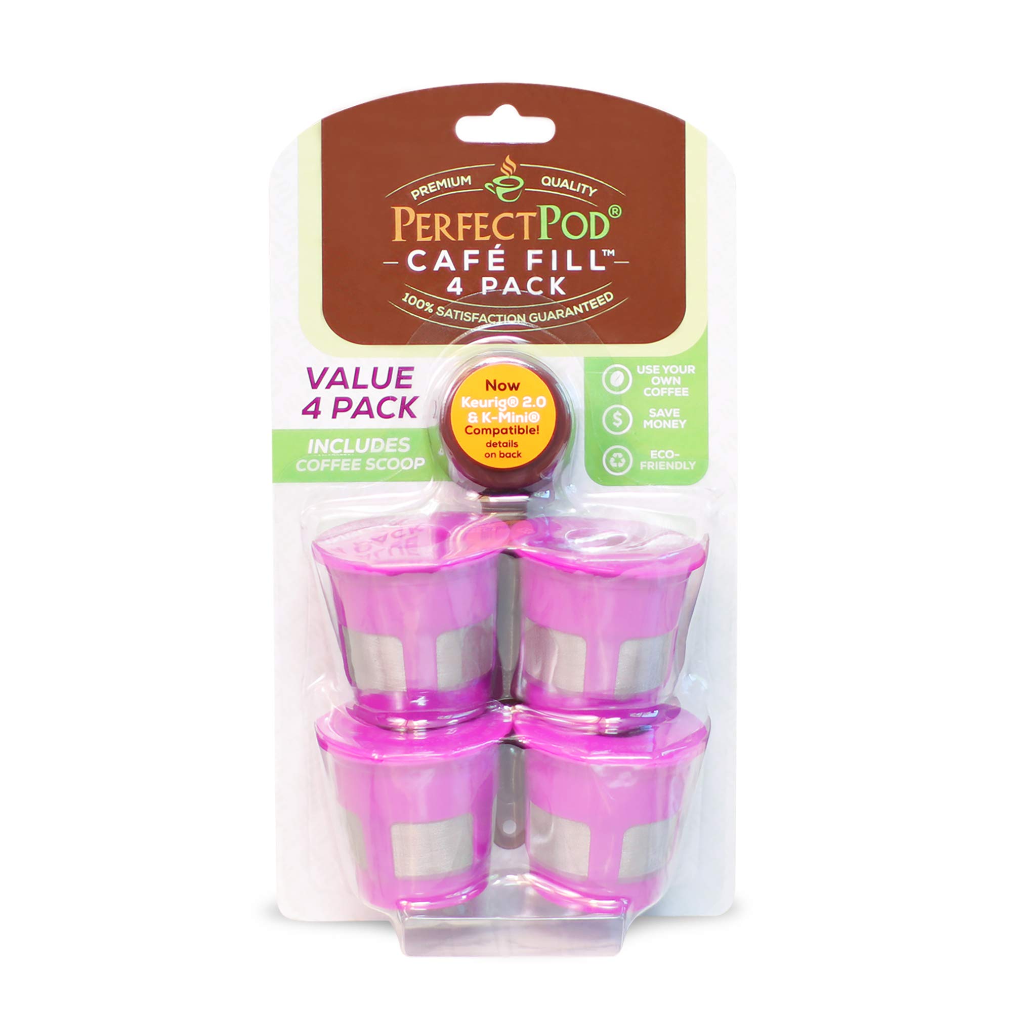 Cafe Fill 4-Pack Reusable Refillable Coffee Pod Filter Capsules Plus Coffee Scoop by Perfect Pod - Compatible with Keurig and Select Single Serve Coffee Makers, Replacement for K-Cups