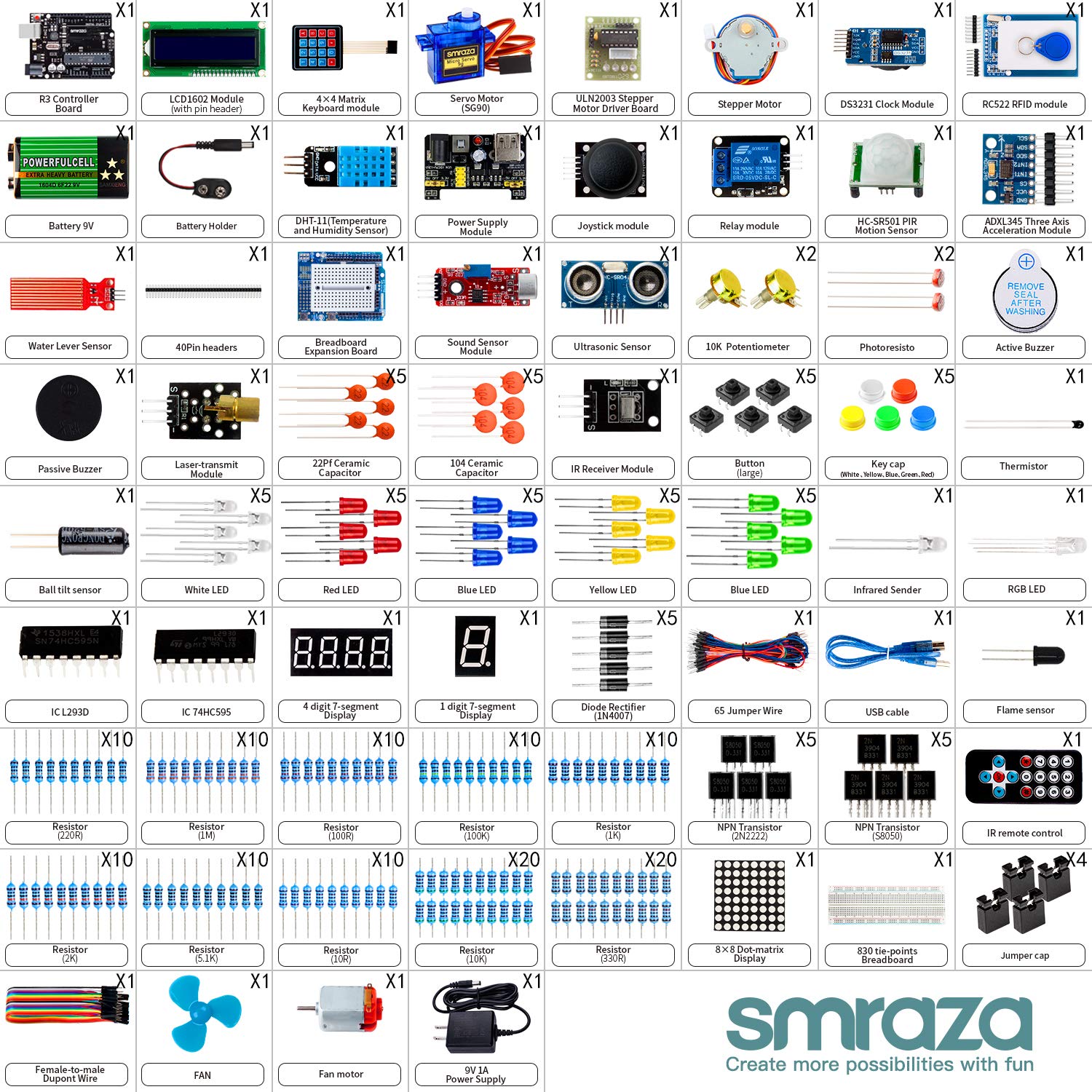 Smraza Ultimate Starter Kit for Arduino Project with Tutorial, 200pcs Components Compatible with Arduino (67 Items) with 9V 1A Power Supply