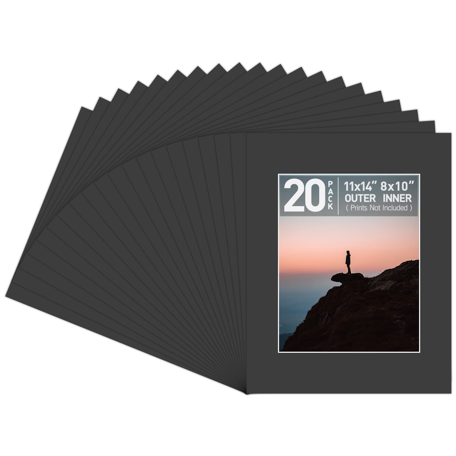 Golden State Art, Pack of 20 11x14 BLACK Picture Mats with White Core Bevel Cut for 8x10 Pictures