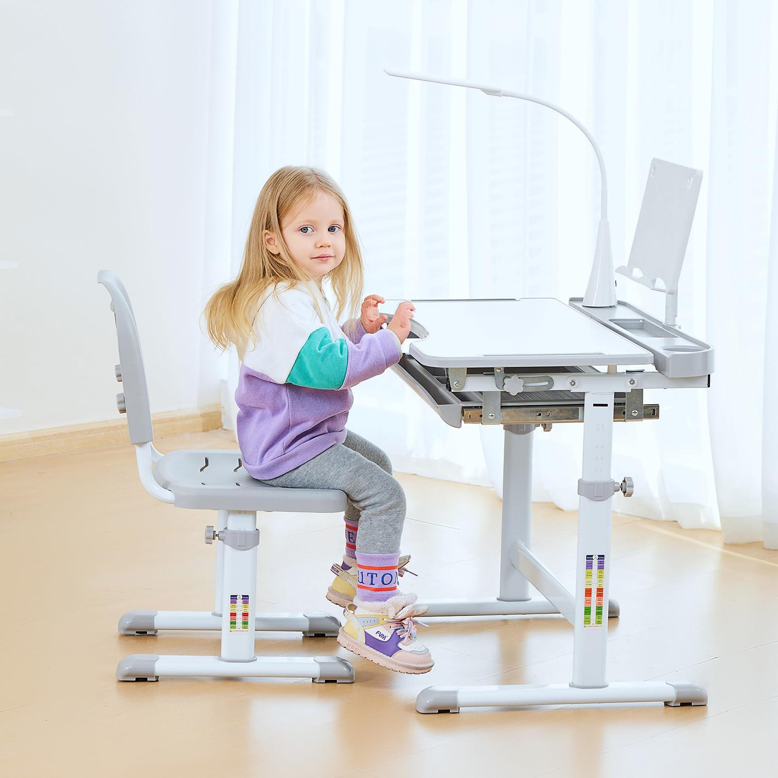Diroan Kids Functional Desk and Chair Set, Ergonomic Height Adjustable Children School Study Desk with Tilt Desktop, Book Stand, LED Light, Metal Hook and Storage Drawer for Boys Girls(Grey)