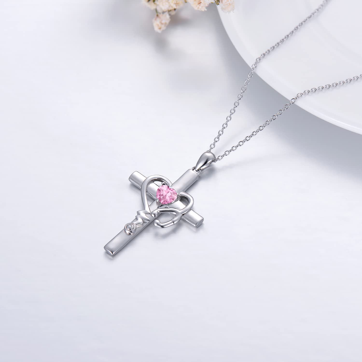 LONAGO Stethoscope Necklace Silver Cross Pendant Necklace with October Birthstone Stethoscope Jewelry Graduation Gift for Women