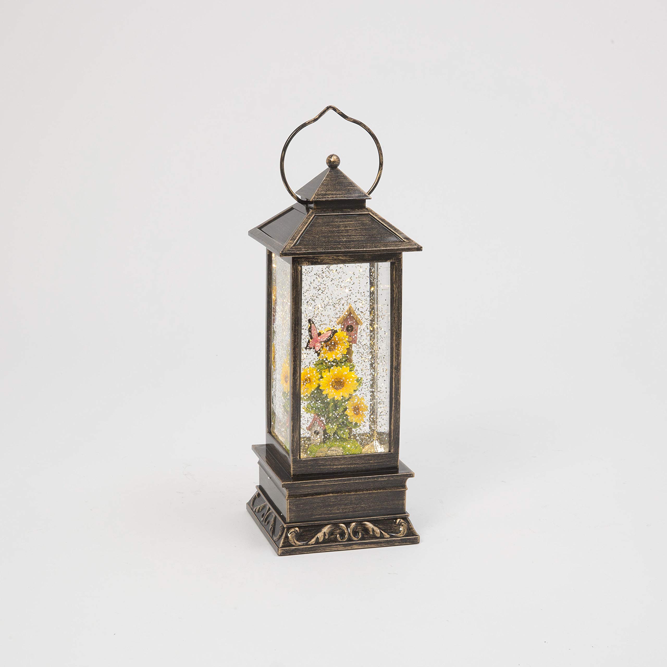 Garden Sunflower and Butterfly Lighted Water Lantern with Timer, Battery Operated, 10.8 Inches High (Pink, Green, Yellow, Bronze)