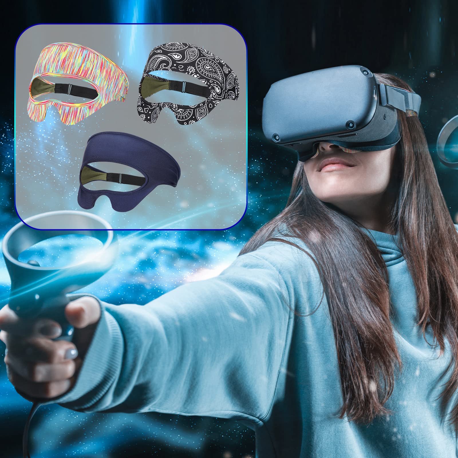 Aiaugen VR Sweat Band, Adjustable VR Mask, Breathable VR Eye Mask Cover, for Oculus Quest 2, HTC Vive, PS, Gear, VR Workouts, 3Pcs