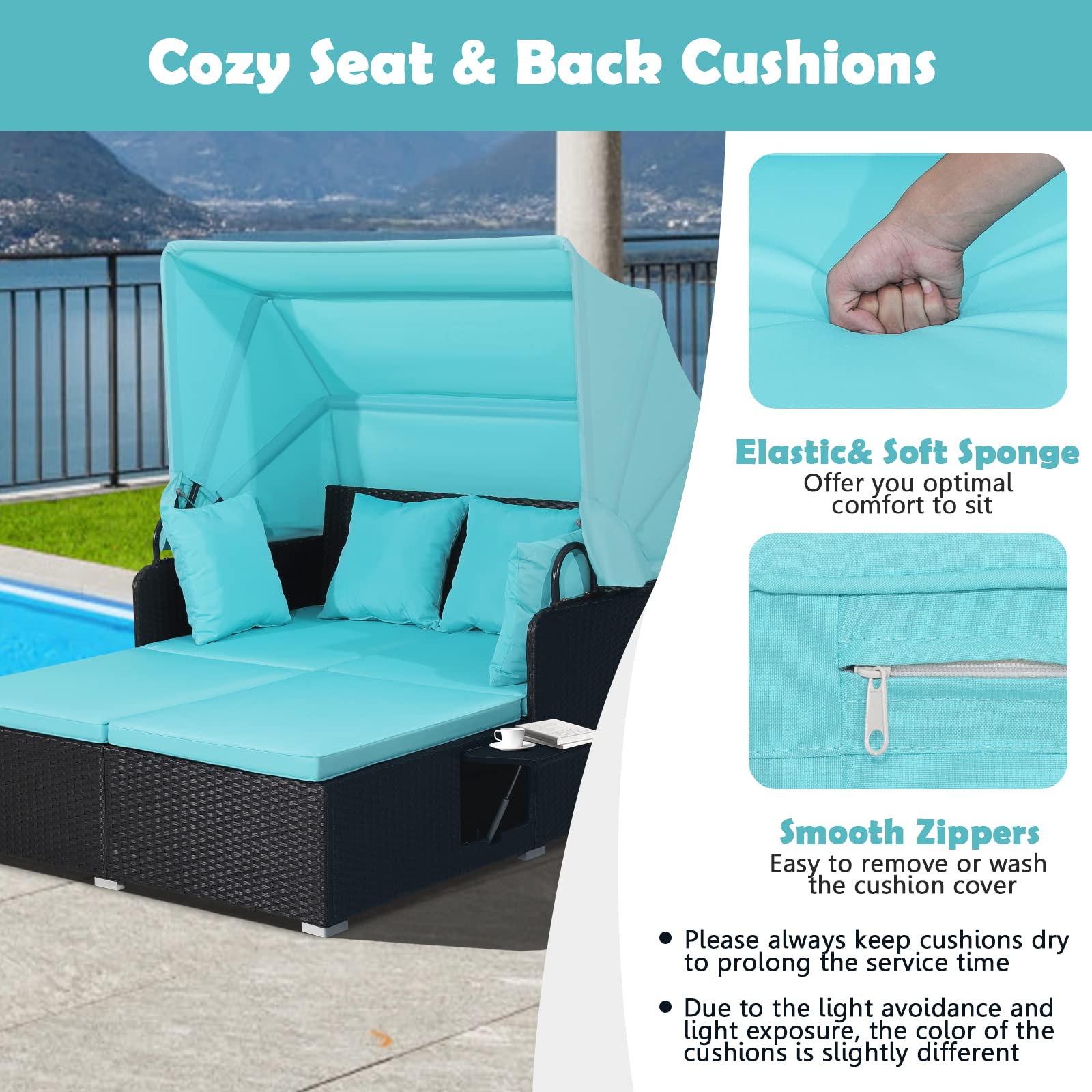 Salches Outdoor Daybed, Patio Daybed with Retractable Canopy, High-Resilient Soft Cushions, Foldable Side Trays, Outdoor Bed Loveseat for Garden, Backyard, Porch (Turquoise)
