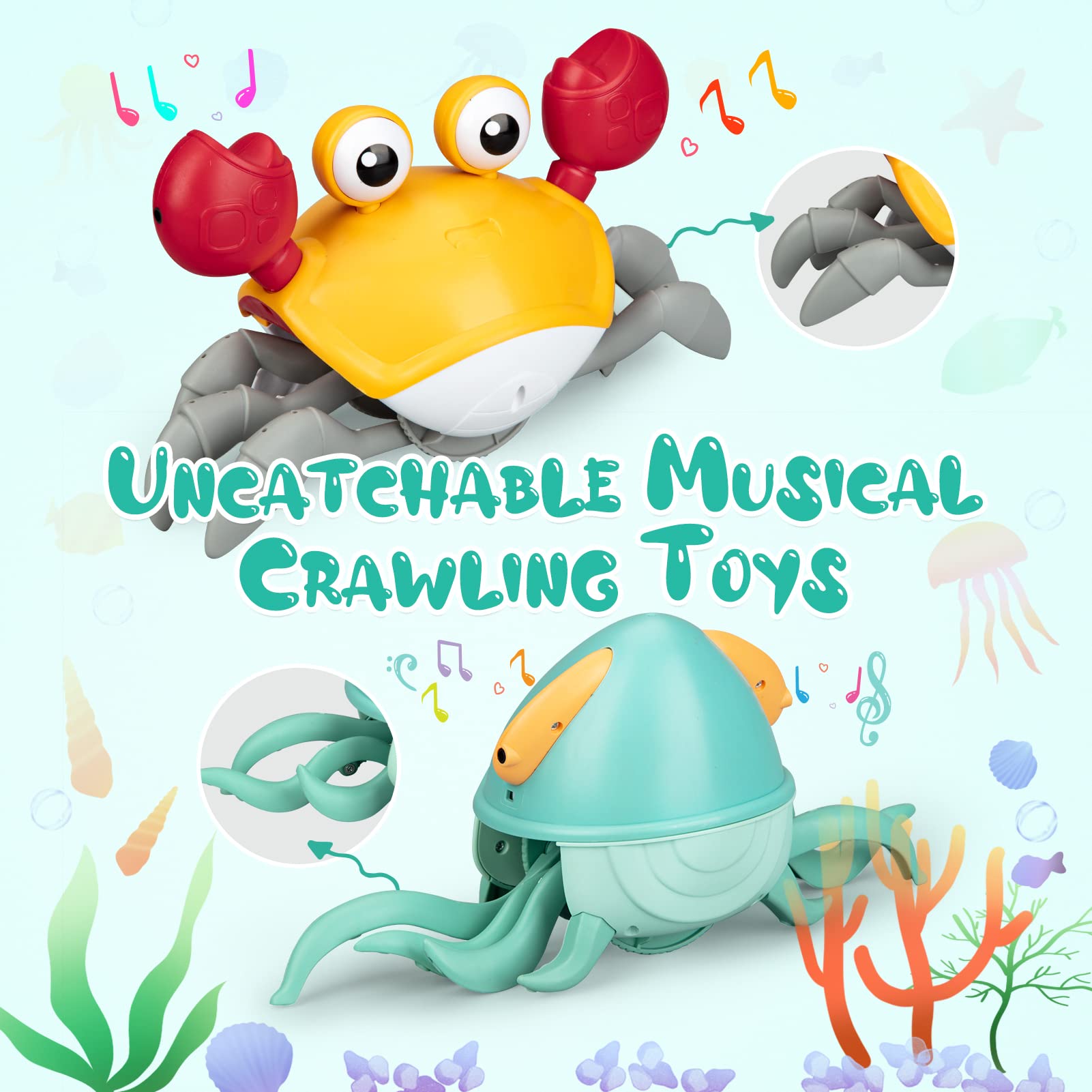 Baby Toys Crawling Crab and Octopus, Toddler Crawling Toys Automatically Avoid Obstacles, LED Light and Music Guide Baby to Crawl, Infant Toys Interactive Learning Development for Newborn Boys Girls