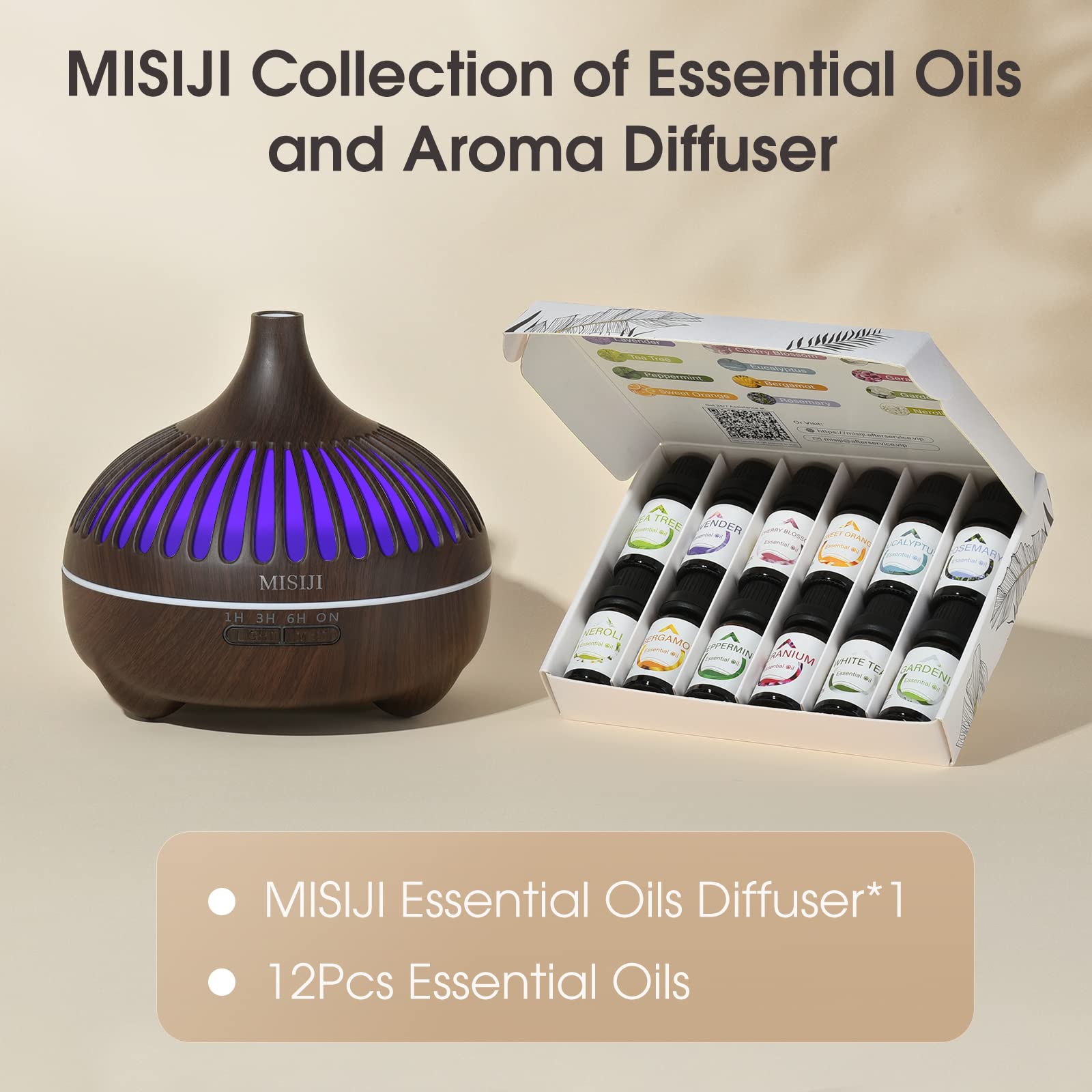 Aromatherapy Diffuser with 12 Essential Oils Set, 550ML Aroma Humidifier for Essential Oil Large Room, Bedroom Vaporizers Cool Mist Humidifier Gift Set…