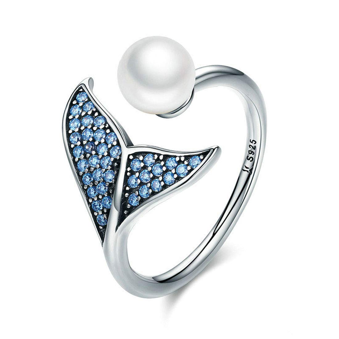 Amaer Dolphin ring S925 Sterling Silver Dolphin Tail Adjustable Finger Ring for Women Girls Open Eternity pearl Ring High Polished White Gold
