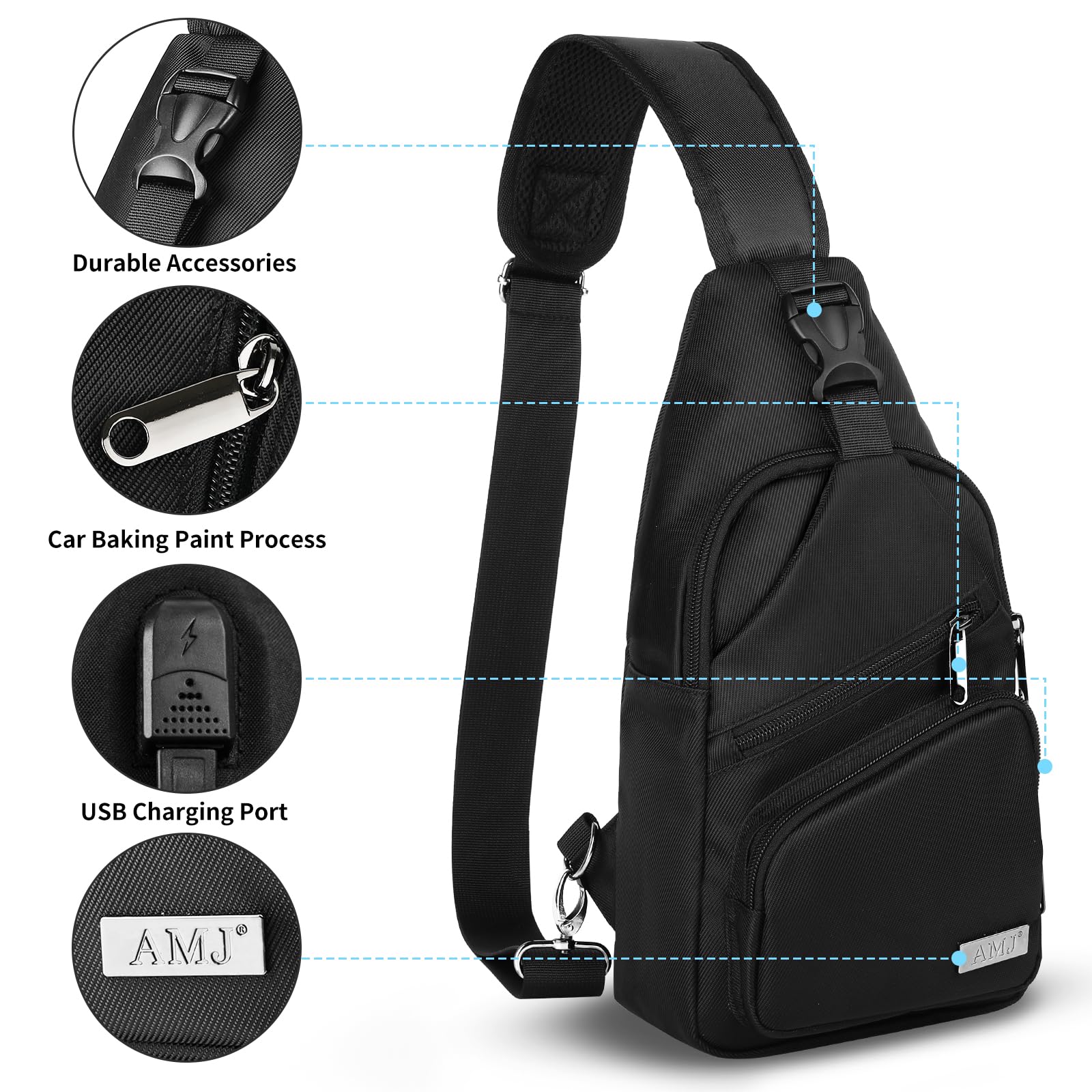 AMJ Crossbody Sling Bag Men Women, Casual Shoulder Backpack, Chest Daypack Satchel for Hiking Travel (Large, Black)