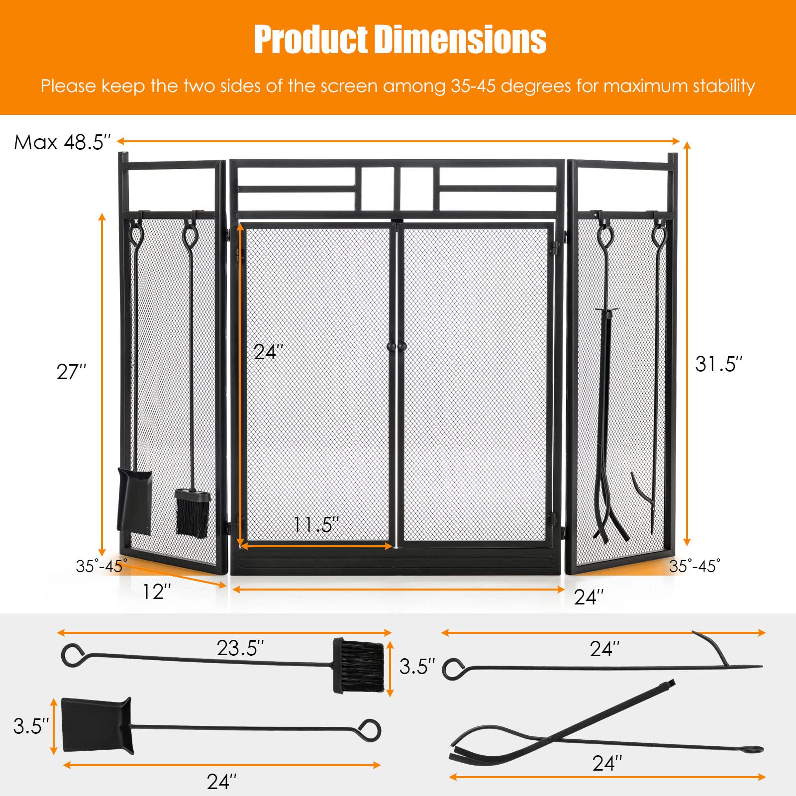 Tangkula 3-Panel Folding Fireplace Screen with Magnetic Hinged Doors, Fire Spark Guard with Fireplace Tools Set, Wrought Iron Decorative Mesh Cover with Wood Burning Stove Accessories, Black