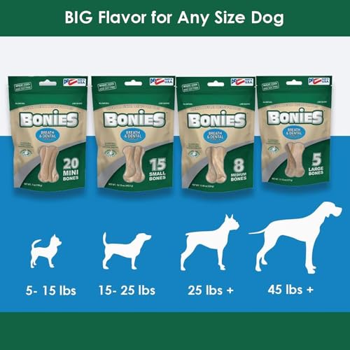Bonies Breath and Dental Formula Treats for Dogs, All-Natural Ingredients, Fresh Breath, Cleans Teeth, Low Calories, Chicken Flavor - Medium, 8 Bones, 11.45-oz