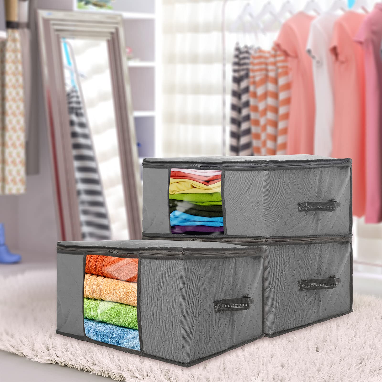 Gbdilo Foldable Storage Bag Organizers, Large Clear Window & Carry Handles, Great for Clothes, Blankets, Closets, Bedrooms, and More 3-Pack
