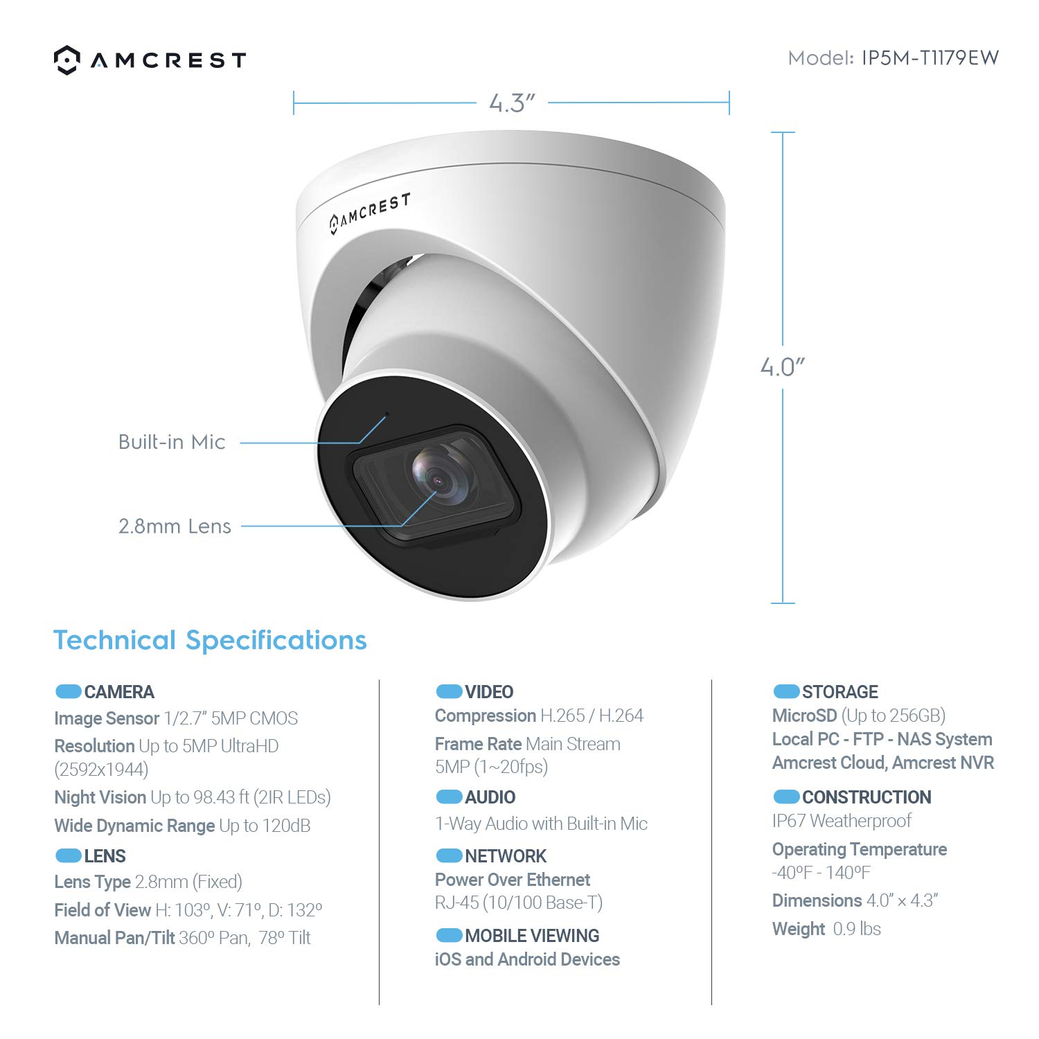 Amcrest 2-Pack 5MP UltraHD Outdoor Security IP Turret PoE Camera with Mic/Audio, 5-Megapixel, 98ft NightVision, 2.8mm Lens, IP67 Weatherproof, MicroSD Recording (256GB), 2PACK-IP5M-T1179EW-28MM White