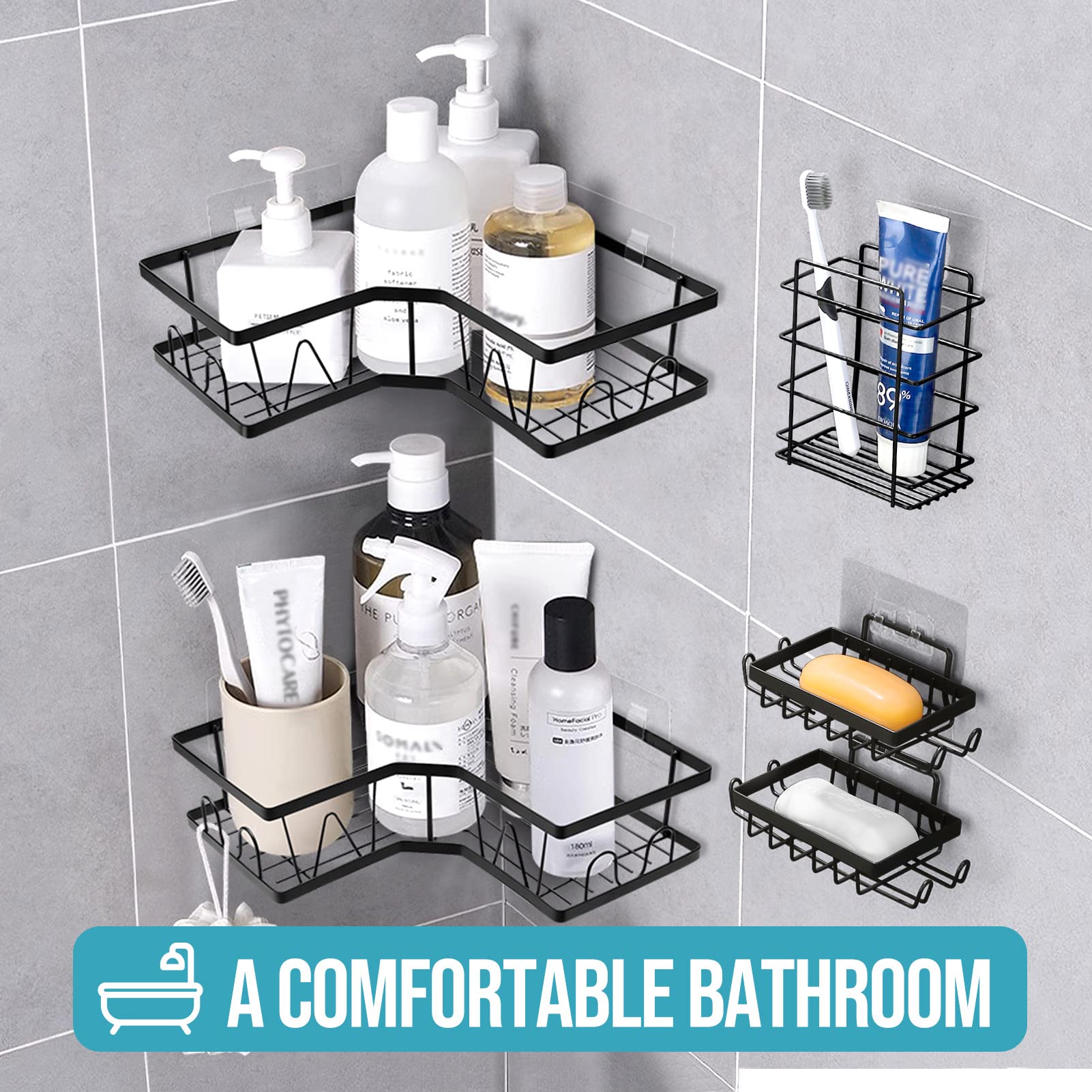 Gocvo Shower Caddy, 5 Pack Triangle Shower Shelves Bathroom Organizer No Drilling Adhesive Shower Wall Shelves Rustproof Stainless Steel Storage Shower Rack