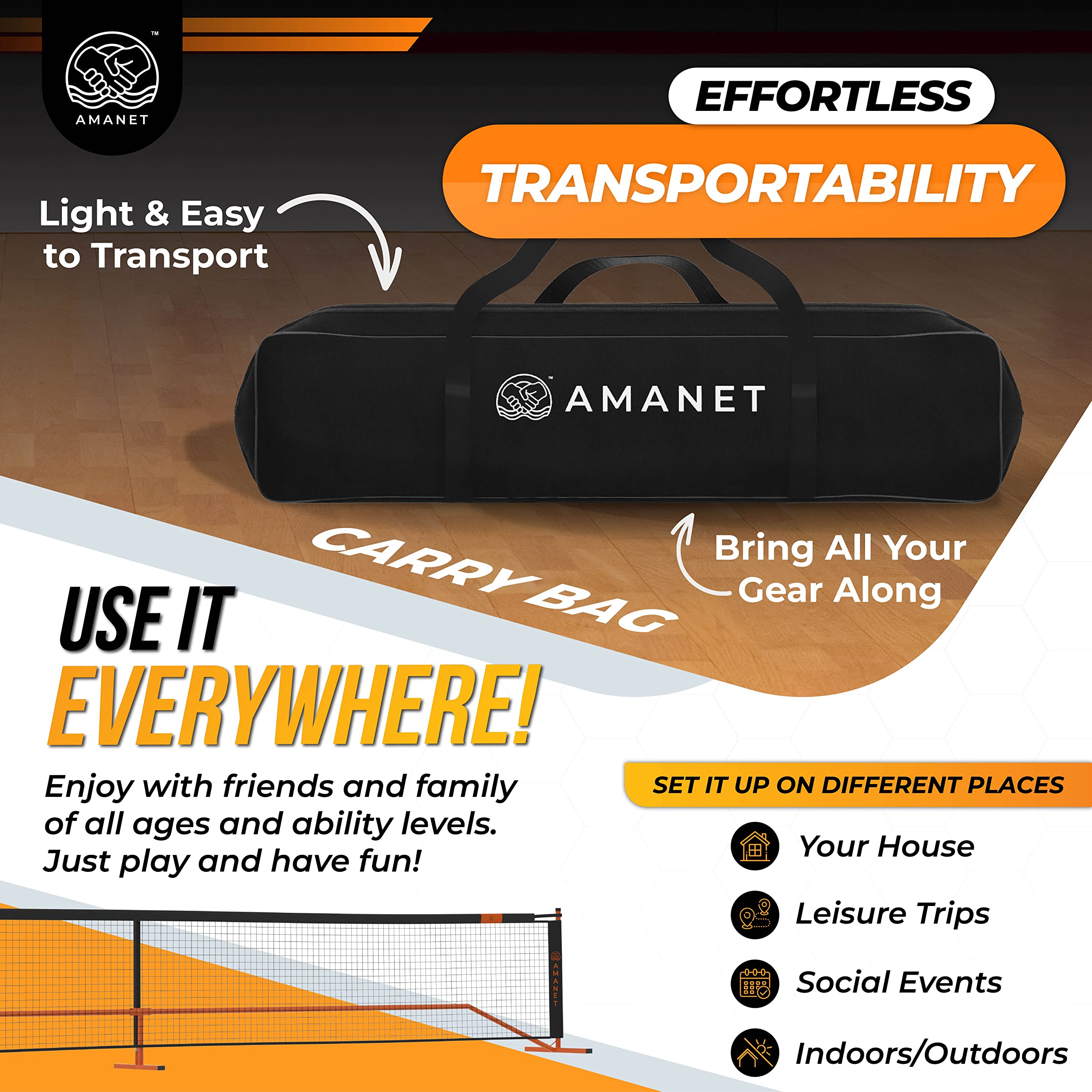 AMANET Portable Pickleball Set with Net System, Official Regulation Size - Includes Net, Detachable Steel Poles, 2 Wooden Paddles, 2 Pickleballs, Paddle Bag, Carry and Storage Bag with Handles