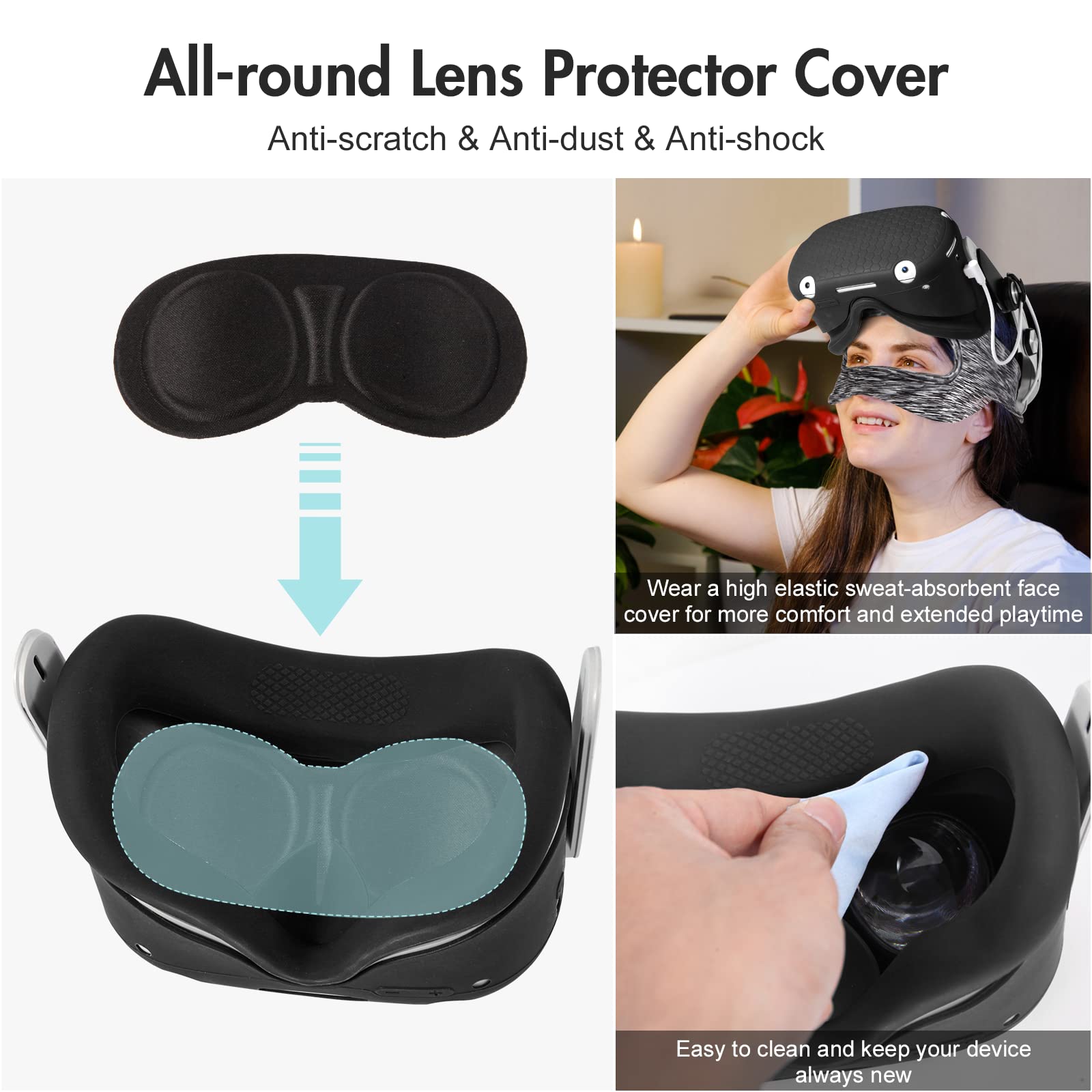 AMLINK VR Silicone Cover Accessories for Oculus Quest 2, VR Shell Cover Protective, Silicone Face Cover, Adjustable Strap Controller Grip Cover and Remote Sensing Rod Cap(Black)