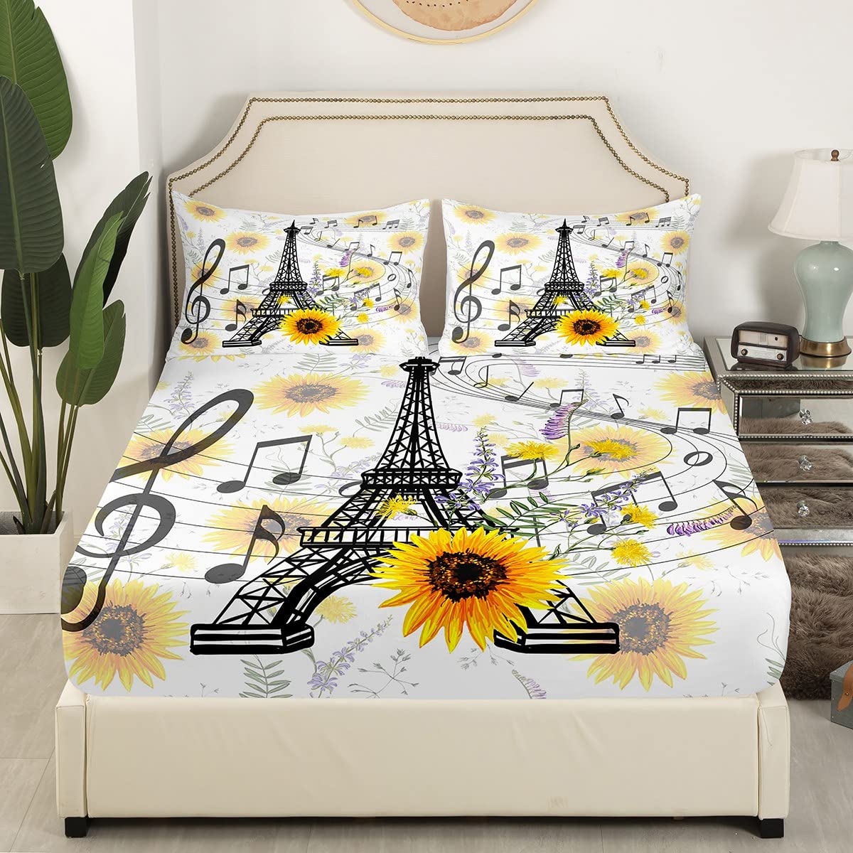 Eiffel Tower Kids Deep Pocket Fitted Sheet Cute Sunflower Bed Sheet Set for Boys Children Teens Bedroom Decor Paris Tower Bedding Set Floral Music Themed Bed Cover Queen Size with 2 Pillow Case