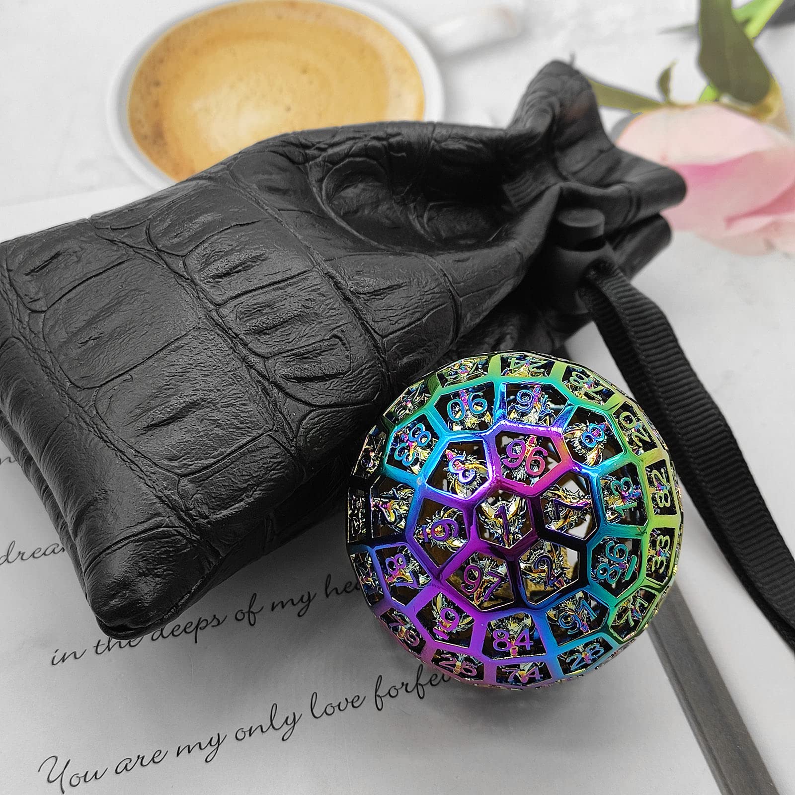 DND Dice Set D100 Polyhedral Metal Hollow RPG Dungeons and Dragons Pathfinder MTG D&D Board Game Dice Accessories and Digital Teaching with Black Leather Bag-Colorful