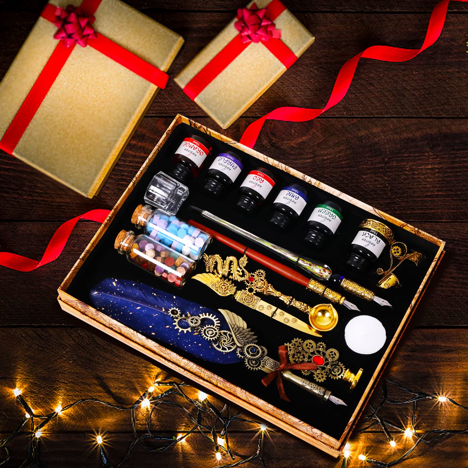Aifeiter Quill Pen and Ink Wax Seal Stamp Set,Quill Pen ink Set Includes Feather Dip Pen,Ink,5 Replacement Nibs,3 Wax Seal Sticks,Pen Nib Base,Seal Stamp-White