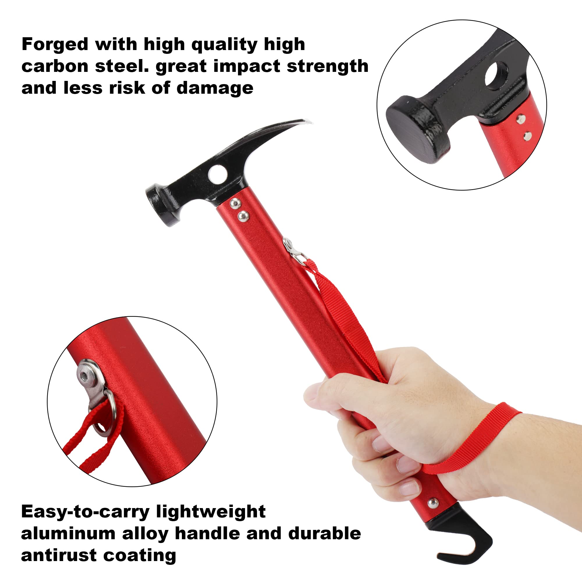 aiGear Camping hammer with Hook Lightweight Aluminum Multifunctional Tent Stake Handy Hammer with Wind Ropes for Hiking Backpacking Gardening Color Red(CH11)
